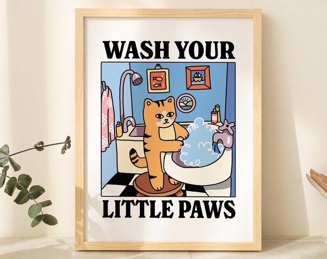Wash Your Paws Ginger Cat Print, Cute Bathroom Poster, Wash Room ...