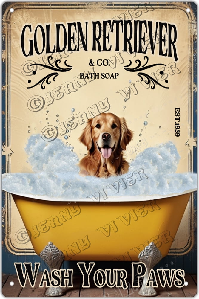 Wash Your Paws Golden Retriever Tin Sign, Bathroom Decor, Dog, Bath ...