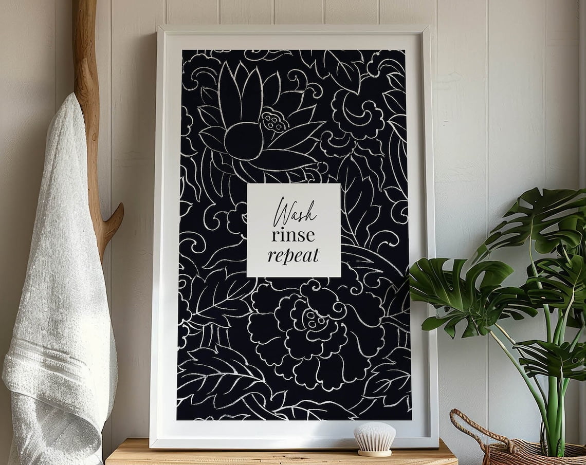 Wash Repeat Bathroom Print Bathroom Art Drawn Flowers Wall Decor ...