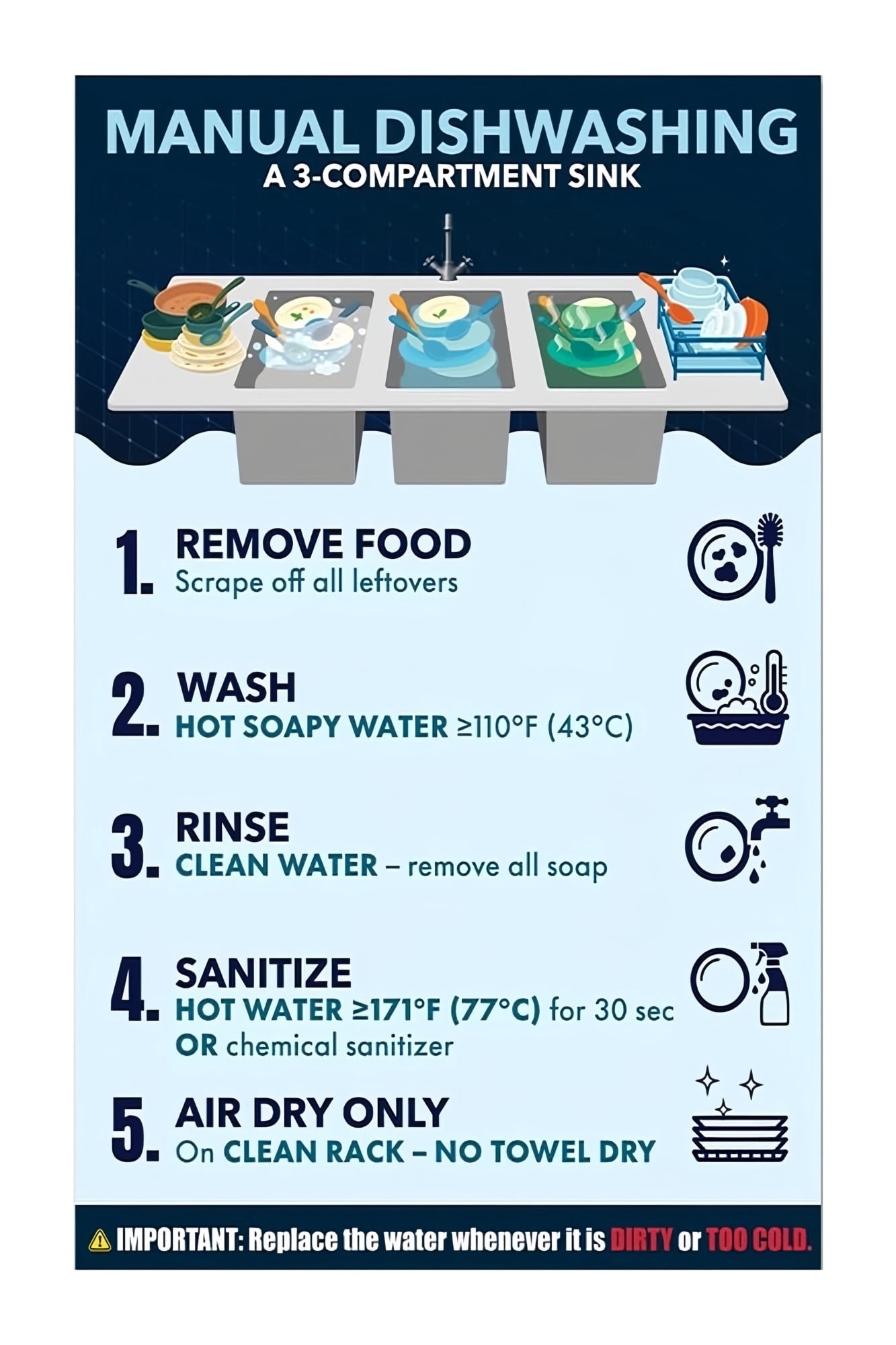 Wash Rinse Sanitize Instructions Dishwashing Method Guide Three ...