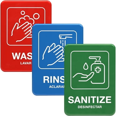 Wash, Rinse & Sanitize Signs 3Pk for 3 Compartment Sink - 1-3/8" high x ...
