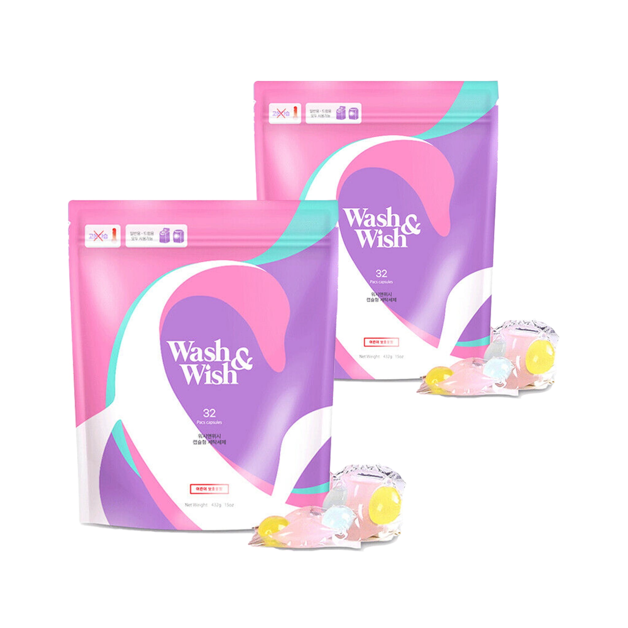 Wash & Wish pods 32 CAPSULES X 2 BAGS 15 OZ x2 Laundry Detergent Safe ...