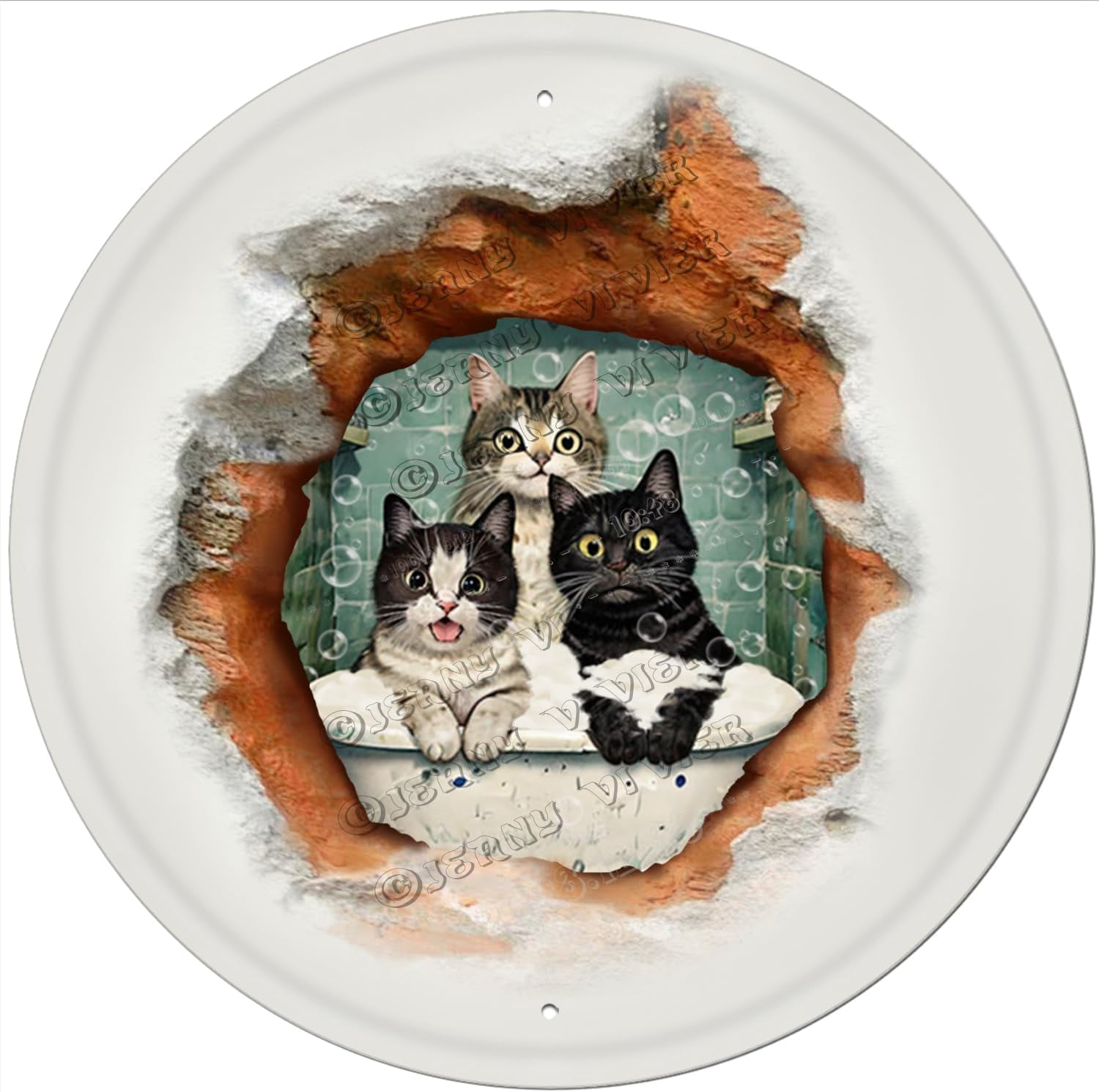 Wash Your Paws Cats Round Tin Sign Funny Bathroom Decor Broken Hole ...