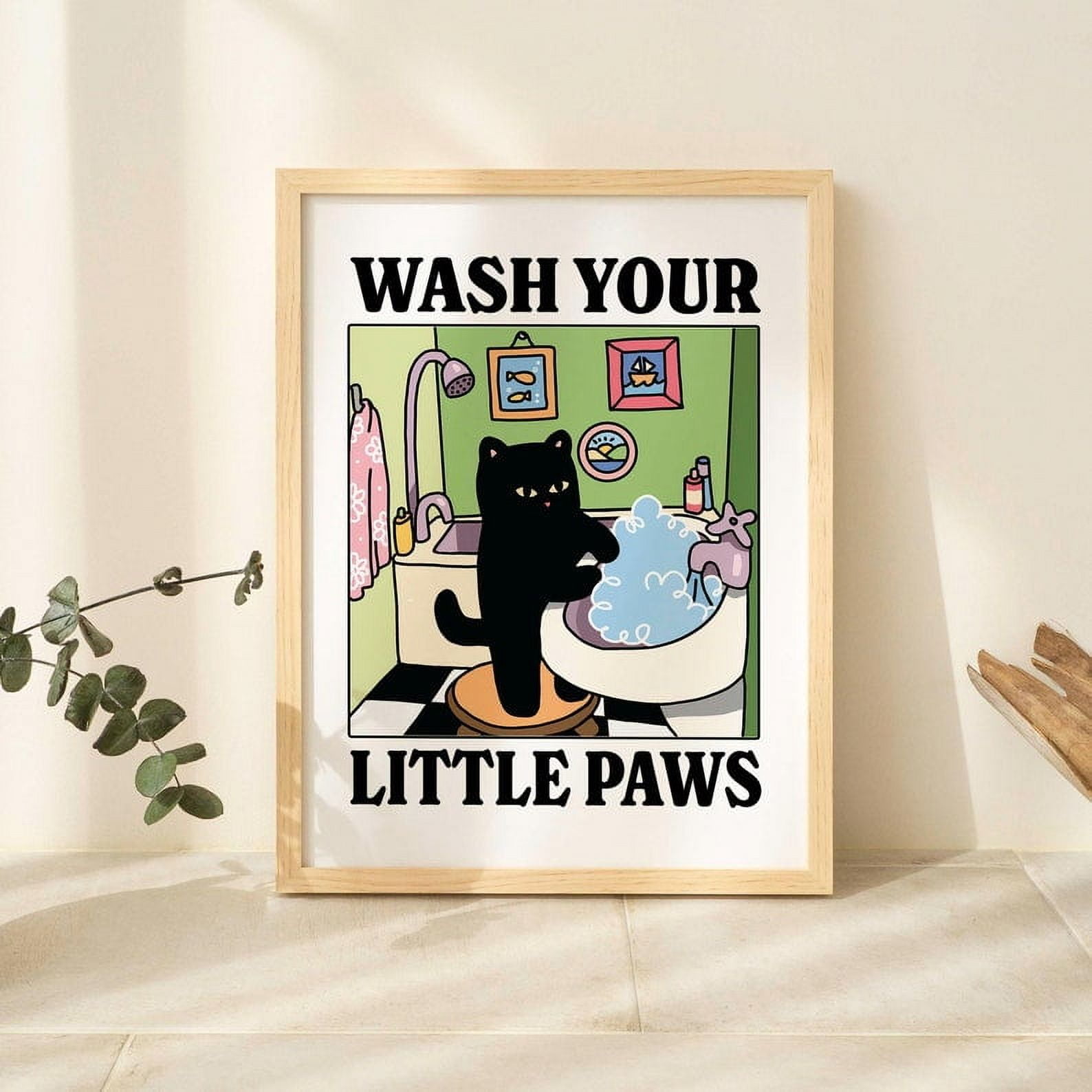 Wash your Paws Green Cat Print, Cute Bathroom Poster, Wash Room ...