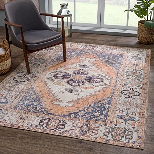 Washable 5X7 Rug - Orange/Blue Beige, Distressed Rug For Living Room ...