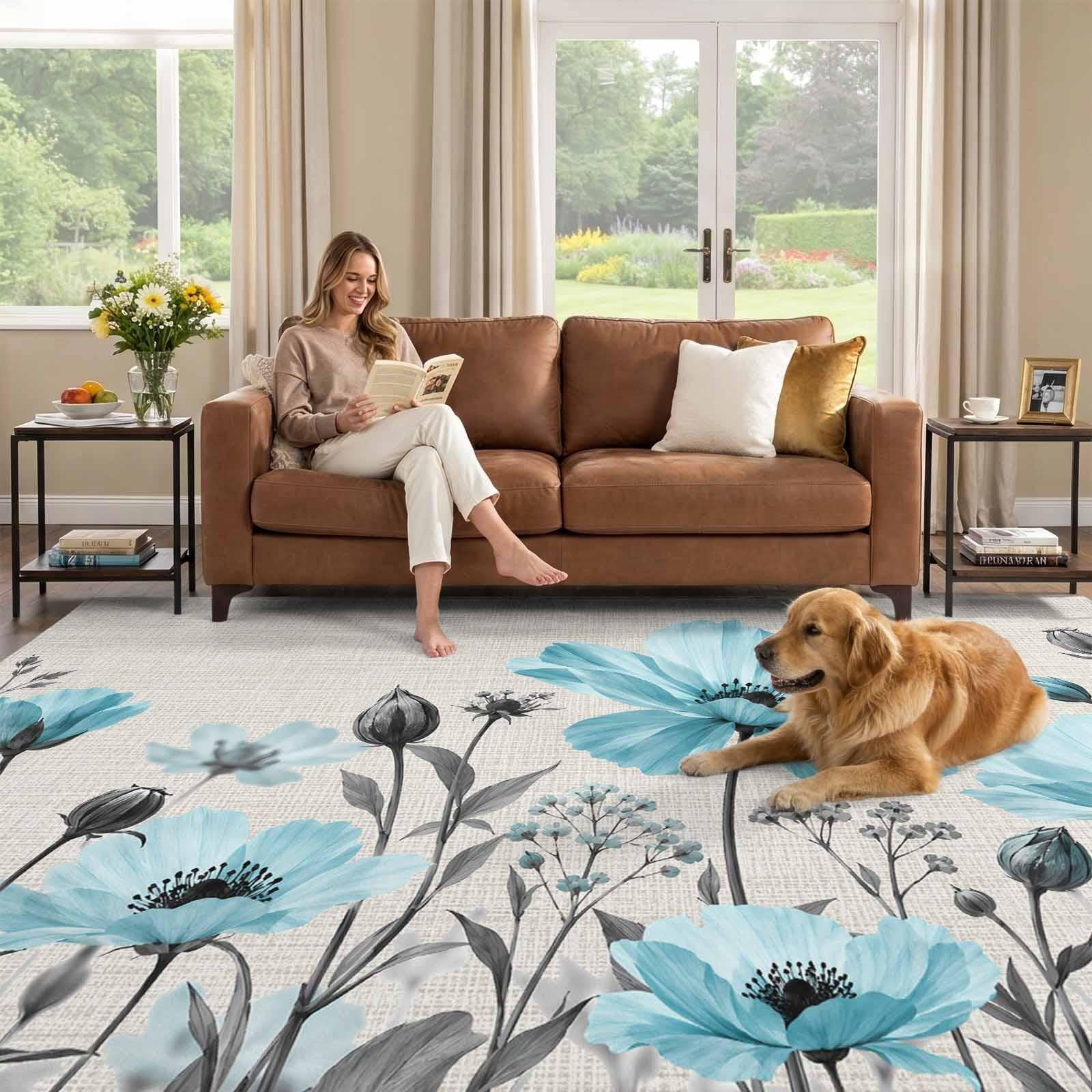 Washable 5x8 Area Rugs for Bedroom, Living Room, Turquoise Floral Non ...