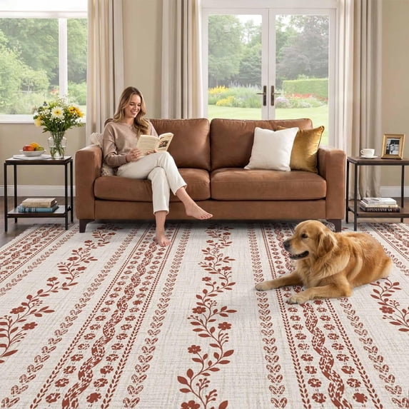 Washable 9x12 Rugs for Living Room, Beige Red Vintage Floral Non-Slip ...