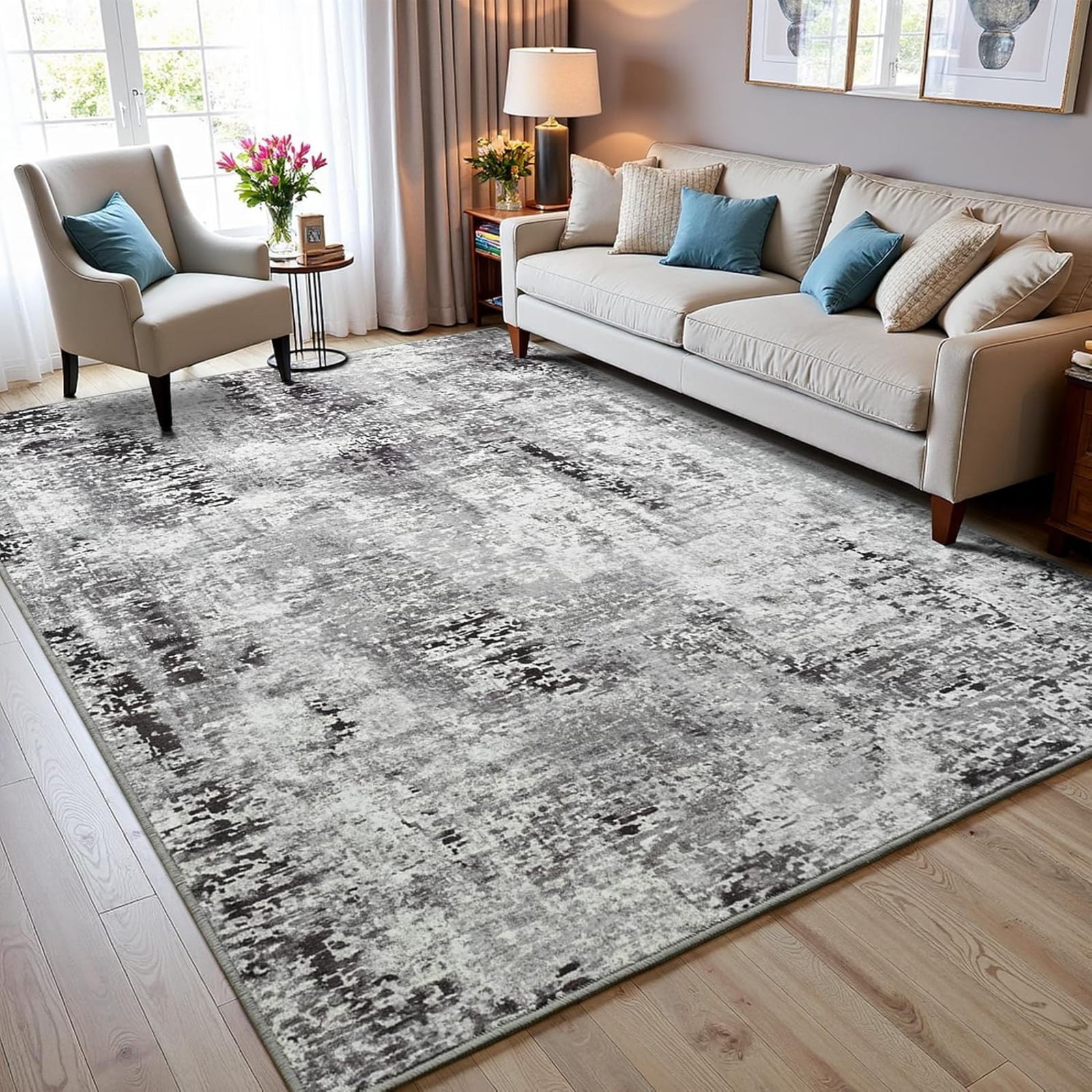 Washable Abstract Area Rug,Black/Grey Modern Living Room Rug, Non-Slip ...