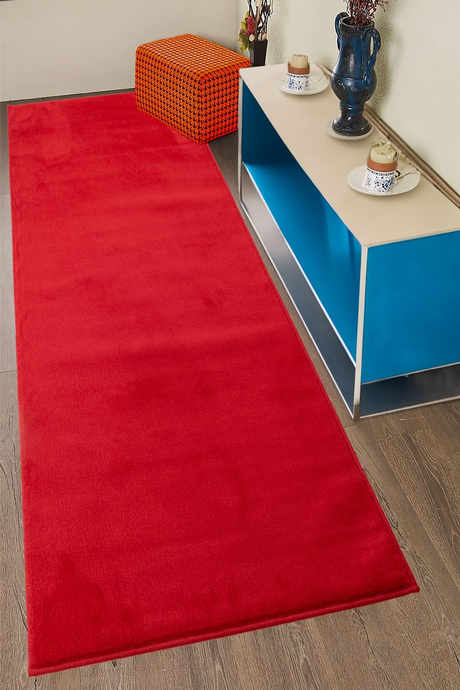 Custom Size Washable Anti Slip Soft Medium Pile Solid Red Design Runner ...