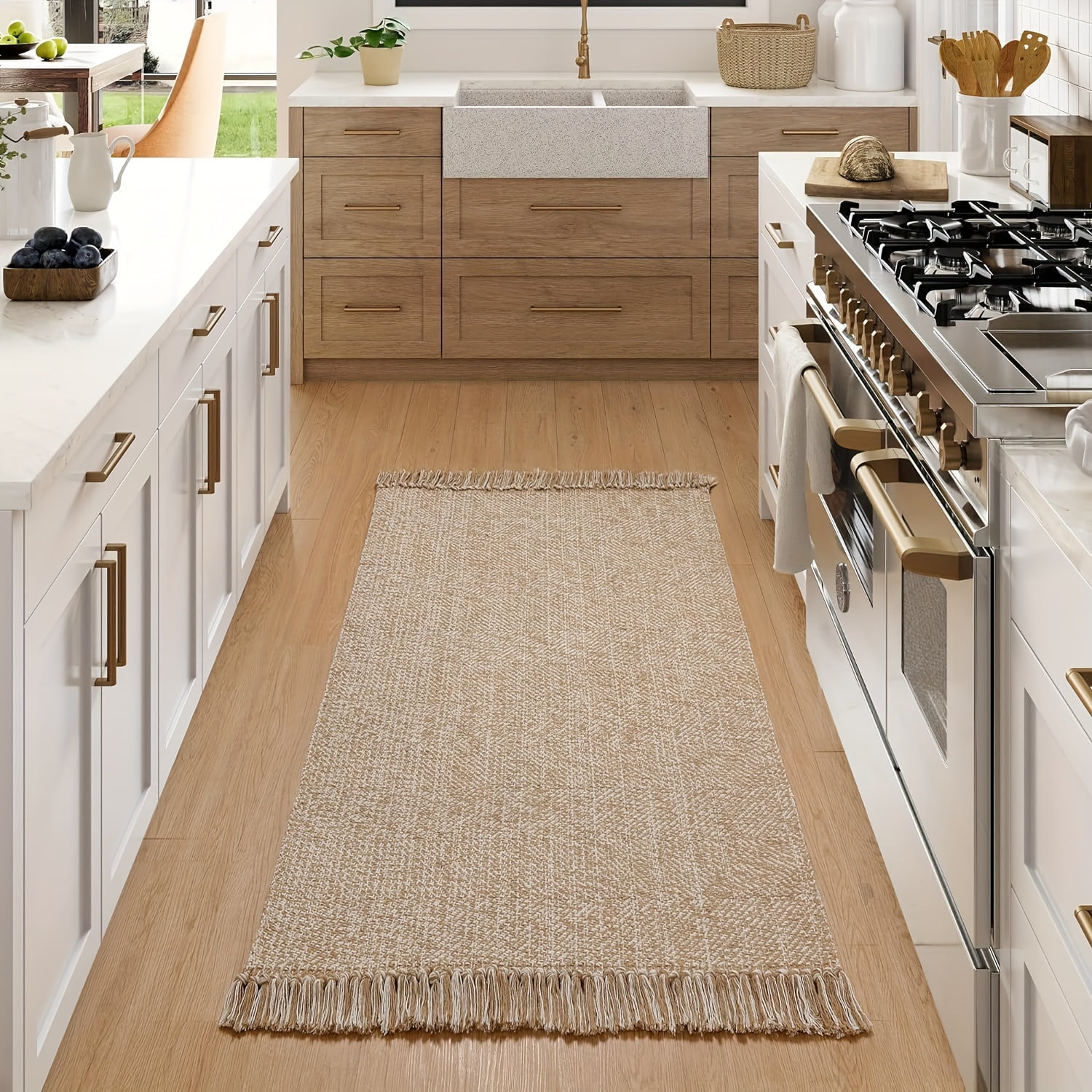 Washable Area Rug 3' x 5', Modern Woven Kitchen Rugs, Tan/Cream Braided ...