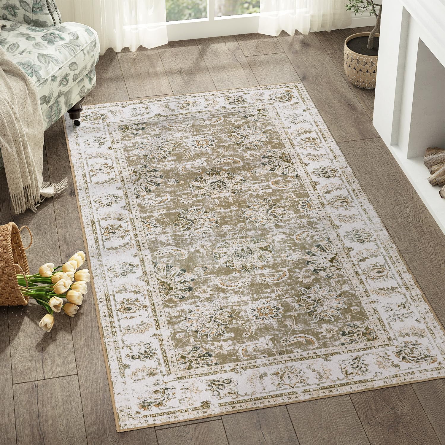 Washable Area Rug 3x5 Entryway Carpet - Distressed Vintage Floral Ultra ...