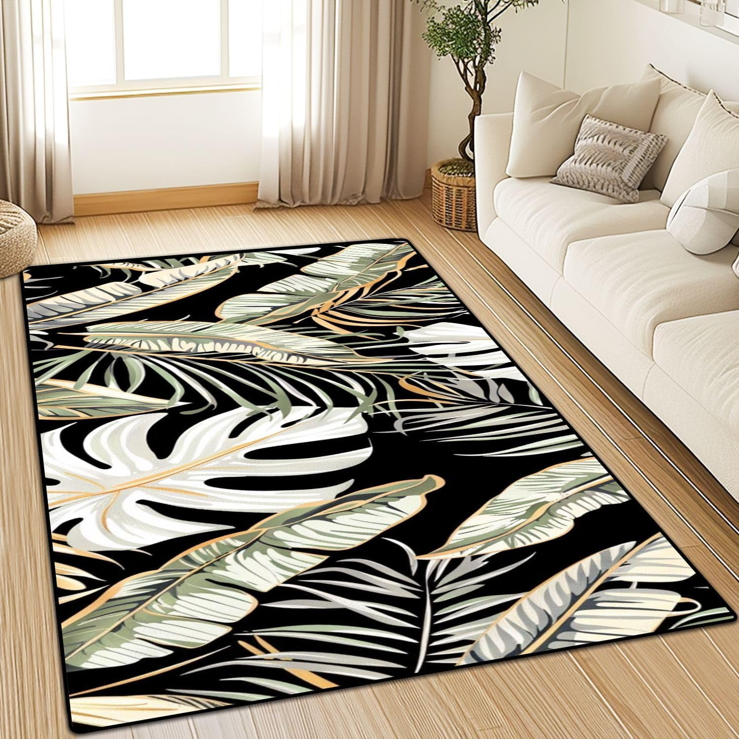Washable Area Rug Non-Slip Tropical Palm Leaves Black White Artistic ...