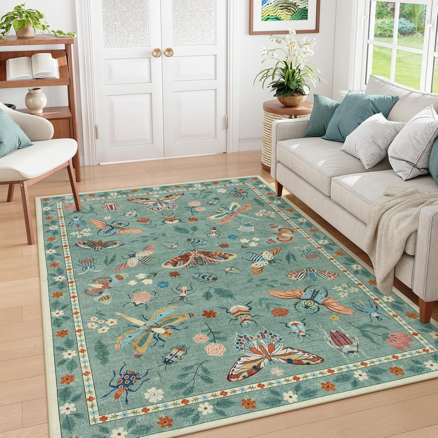 Washable Area Rugs 5x7, Soft Green Insect Rug for Living Room Ultra ...