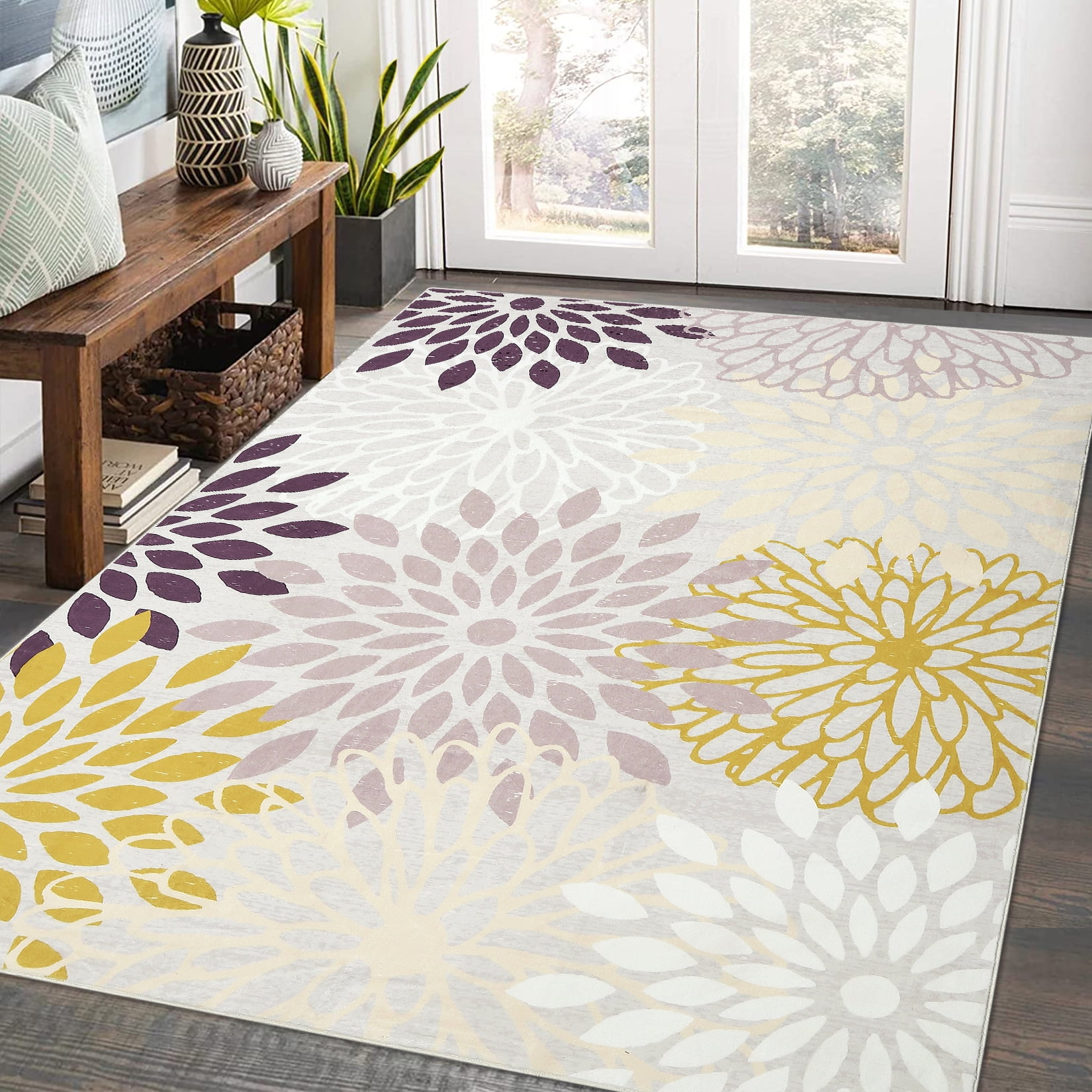 Washable Folding Back Rug Moroccan Flower Non-Shedding Area Rugs Boho ...