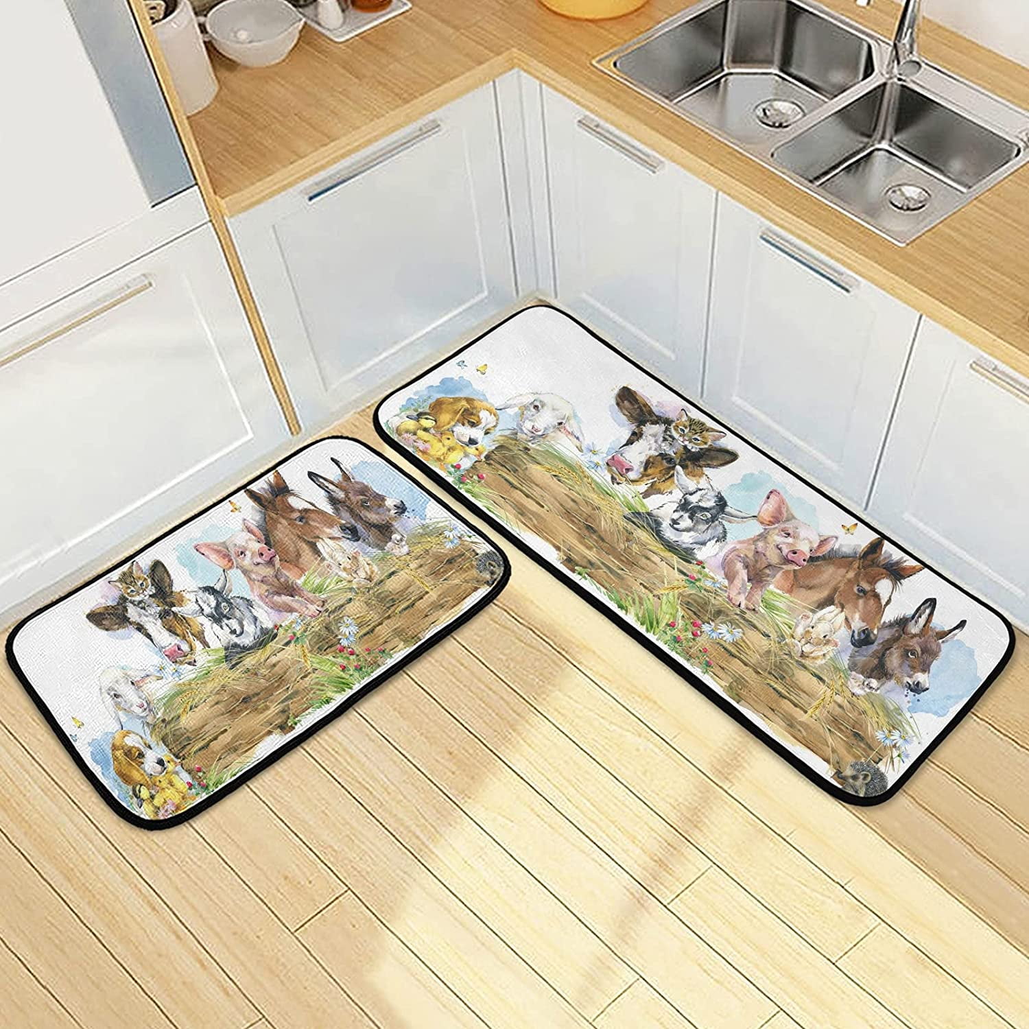 Washable Kitchen Rugs Set 2 Piece Farm Animals Cow Sheep Pig Rabbit ...