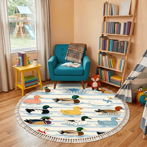 Washable Non Slip 4ft Round Rug, Colorful Ducks cartoon Circle Area ...