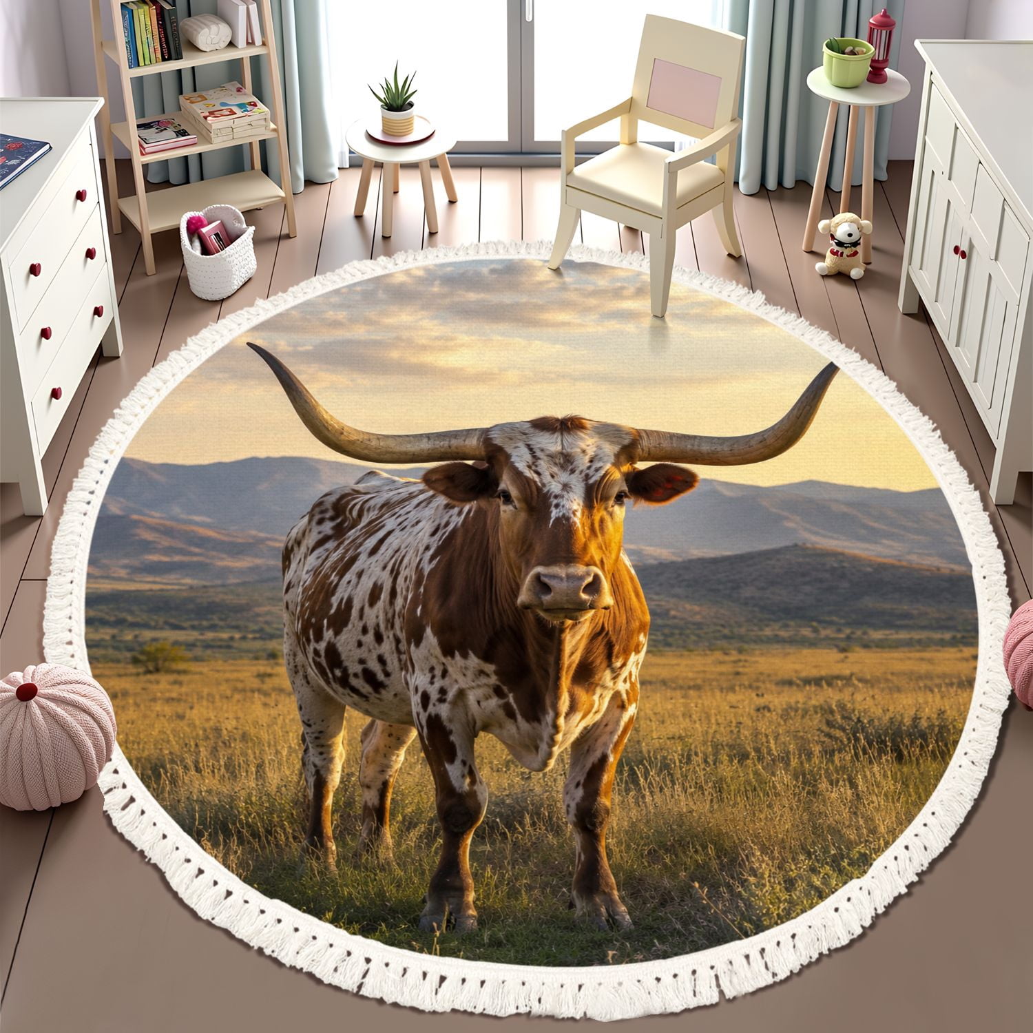 Washable Non Slip 6ft Round Rug, Texas Animal Highland Cattle Long ...