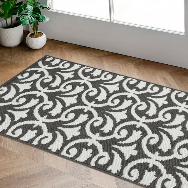 Washable Non-Slip Accent Rug, Floral Scroll, Dark Grey and White, 26" x ...