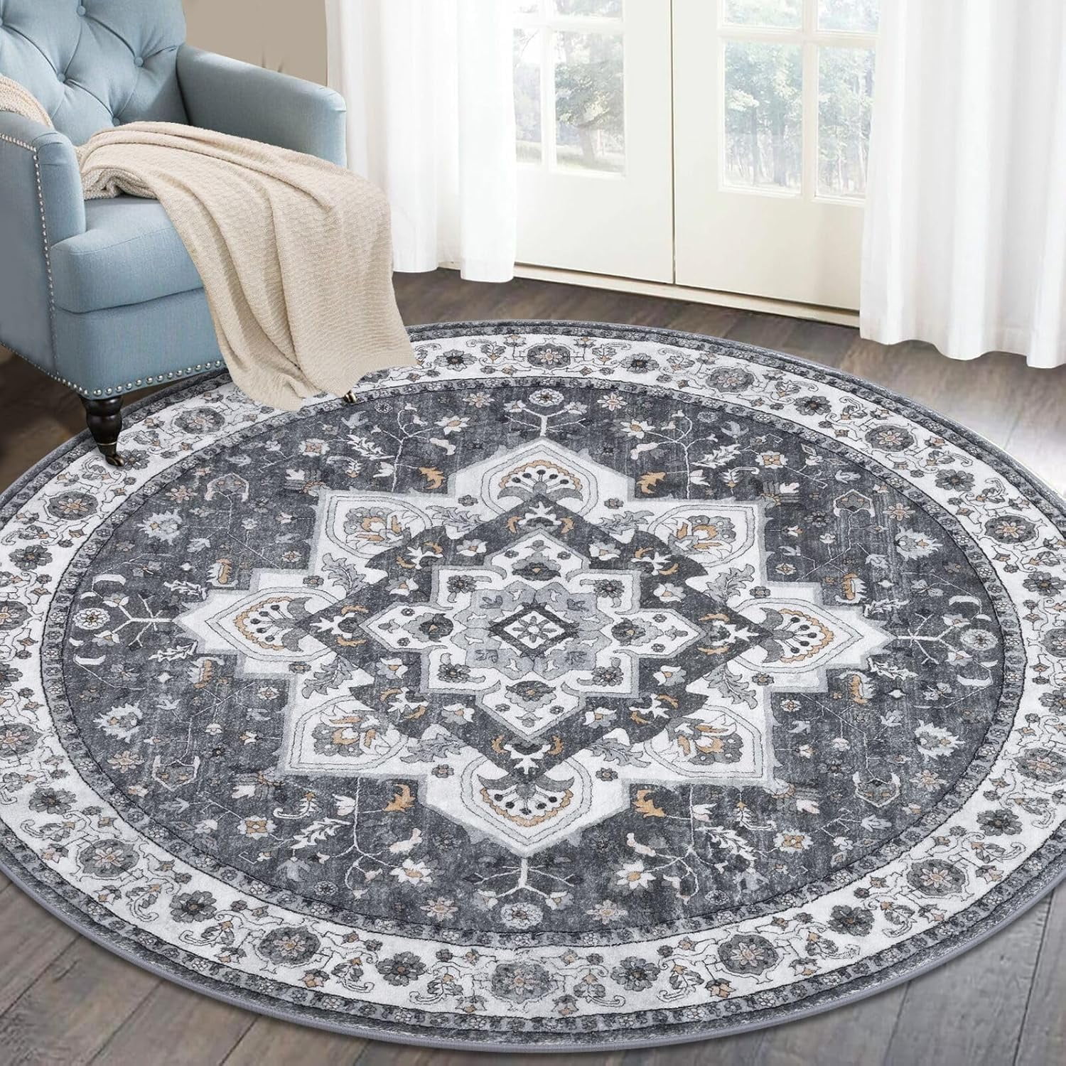 Washable Round Area Rug 4ft Non Slip Vintage Circle Rugs for Bedroom ...