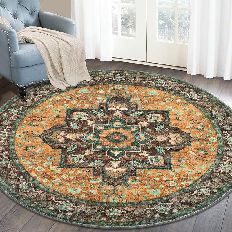 Washable Round Area Rug 4ft Non Slip Vintage Circle Rugs for Bedroom ...