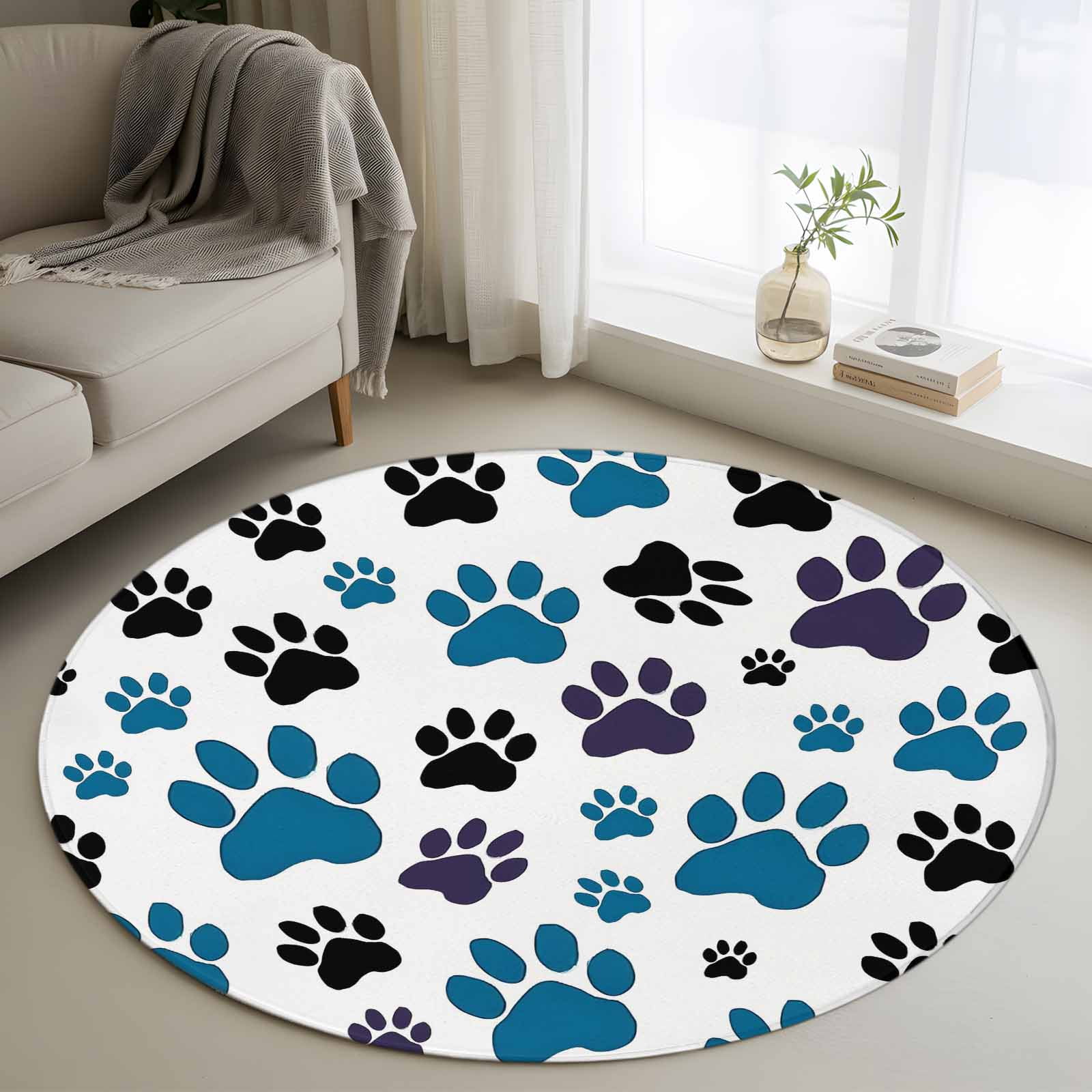 Washable Round Area Rug Cute Dog Paw Print on White Circle Rugs Floor ...