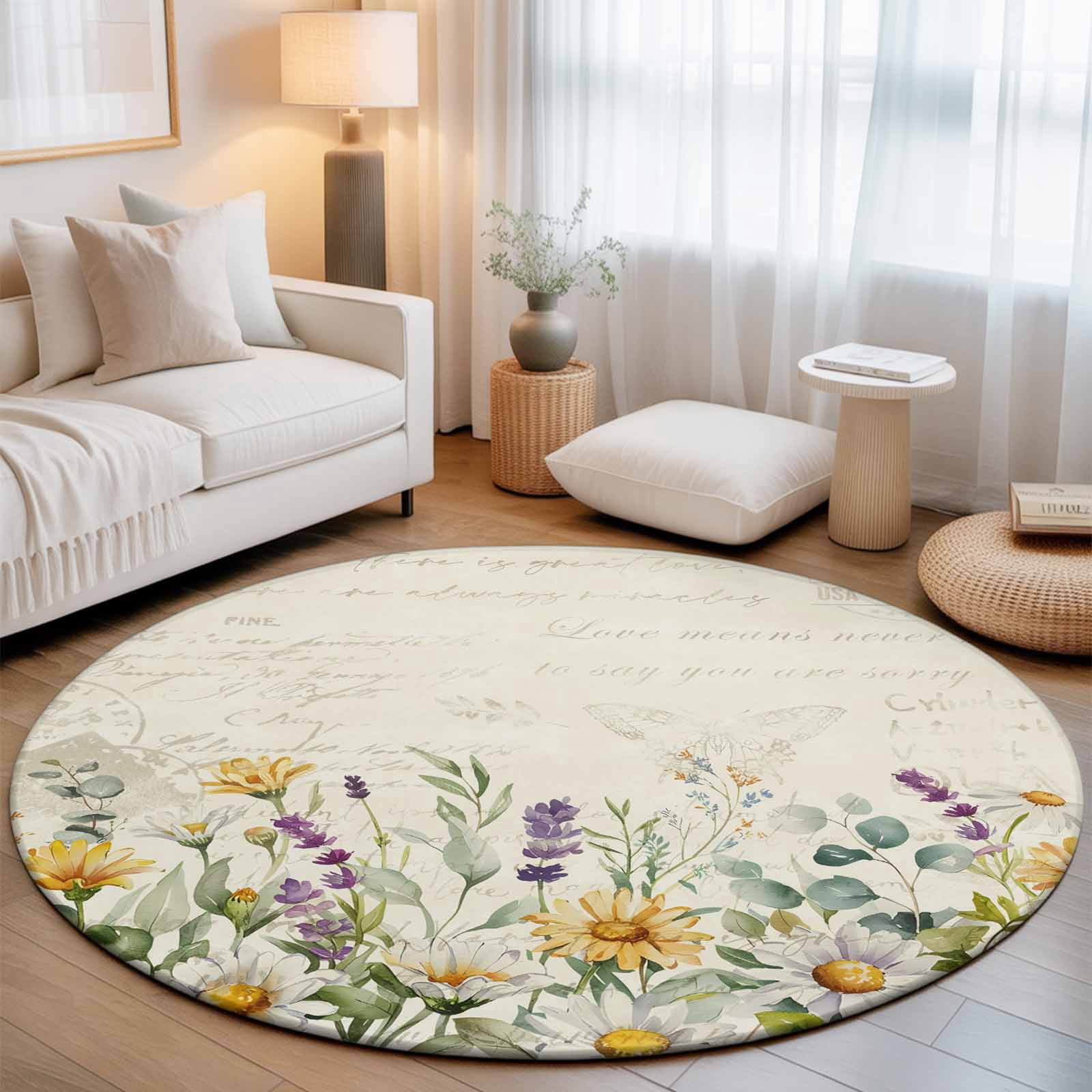 Washable Round Area Rug Farm Daisy Flower Leaves Circle Rugs Floor ...