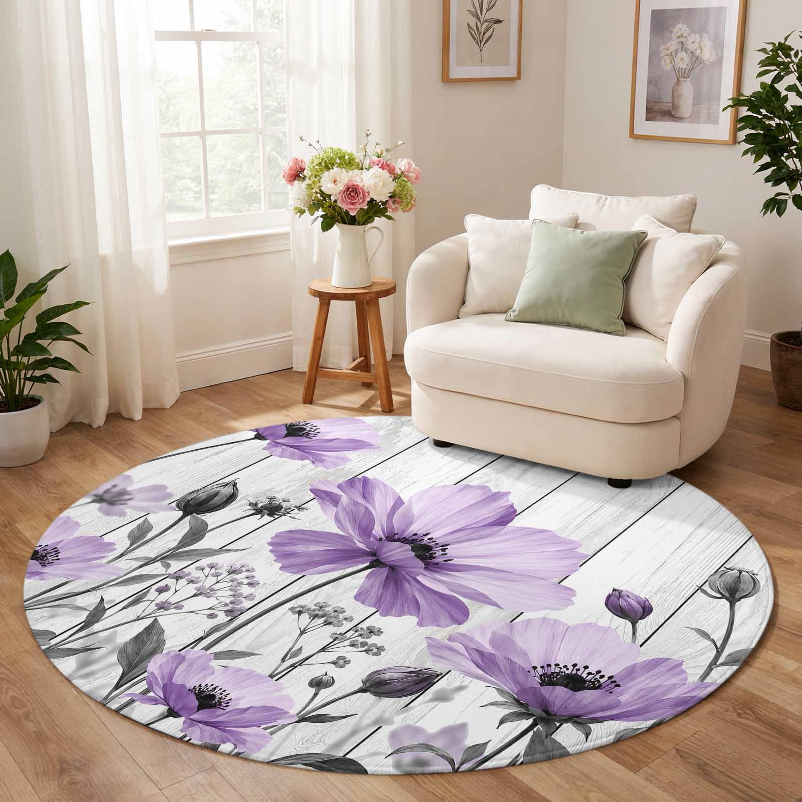 Washable Round Rugs 5ft, Purple Floral Non-Slip Indoor Carpet for ...