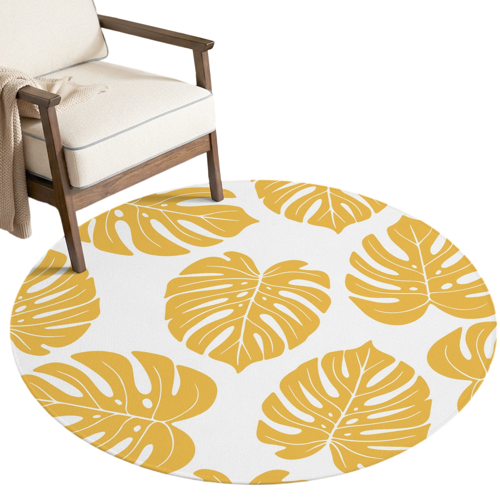 Washable Round Rugs 6ft Yellow Monstera Leaf Circle Rug Non-Slip Non ...