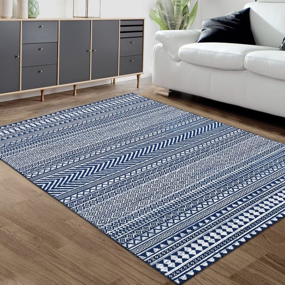 Washable Rug 8 x 10 Boho Non-Slip Low Pile Area Rug with Rubber Backing ...