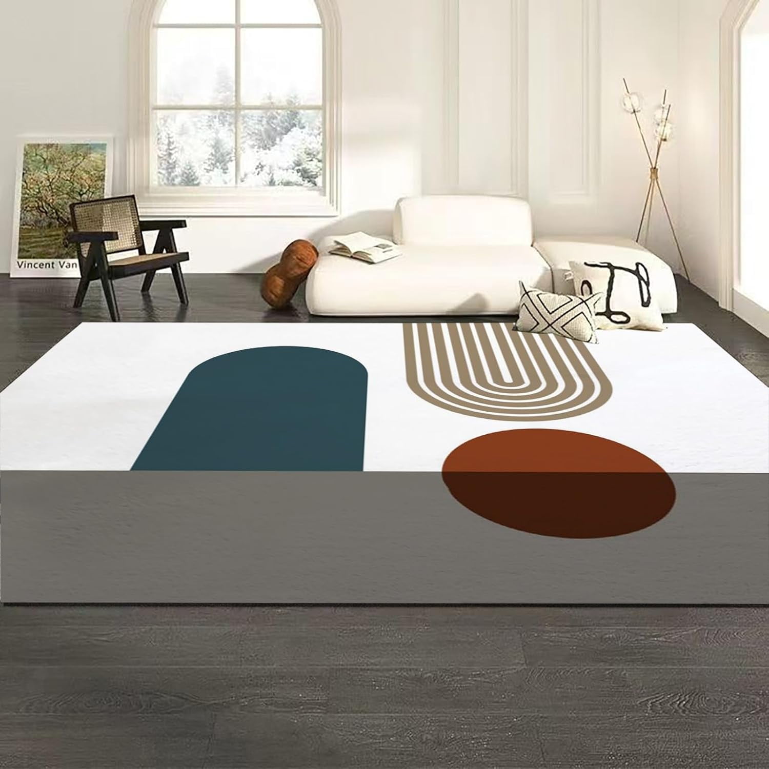 Washable Rug Living Room Area Rug Geometric Arch Sun Lines Gray White ...