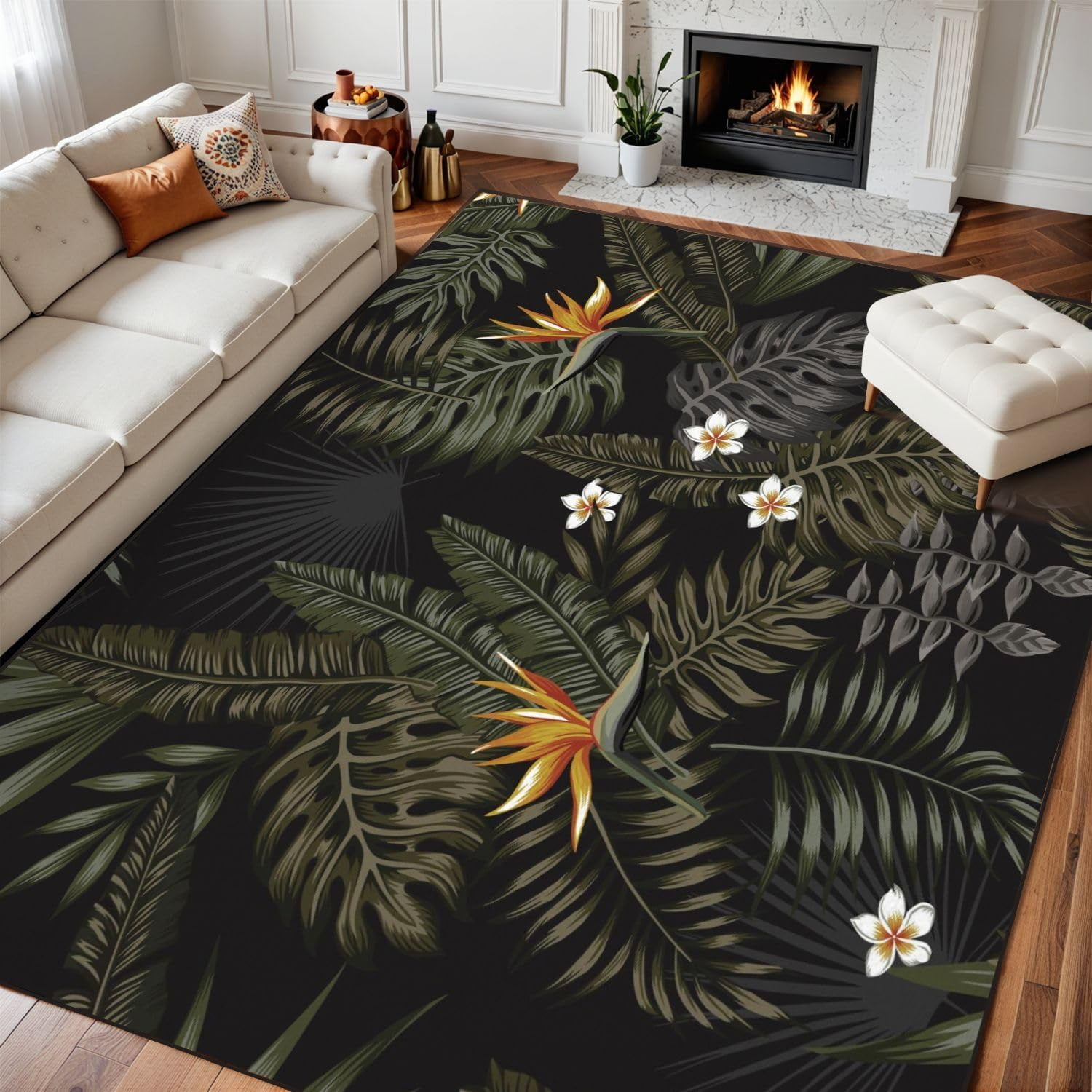 Washable Rug For Living Room Tropical Leaves Flowers Night Style For ...