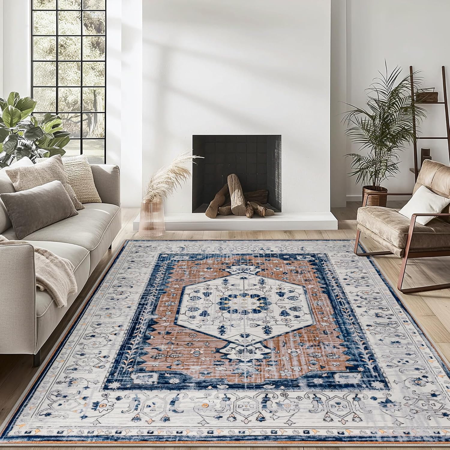 Washable Rugs 5x7, Traditional and Vintage Rug, Soft Brown Rug for ...