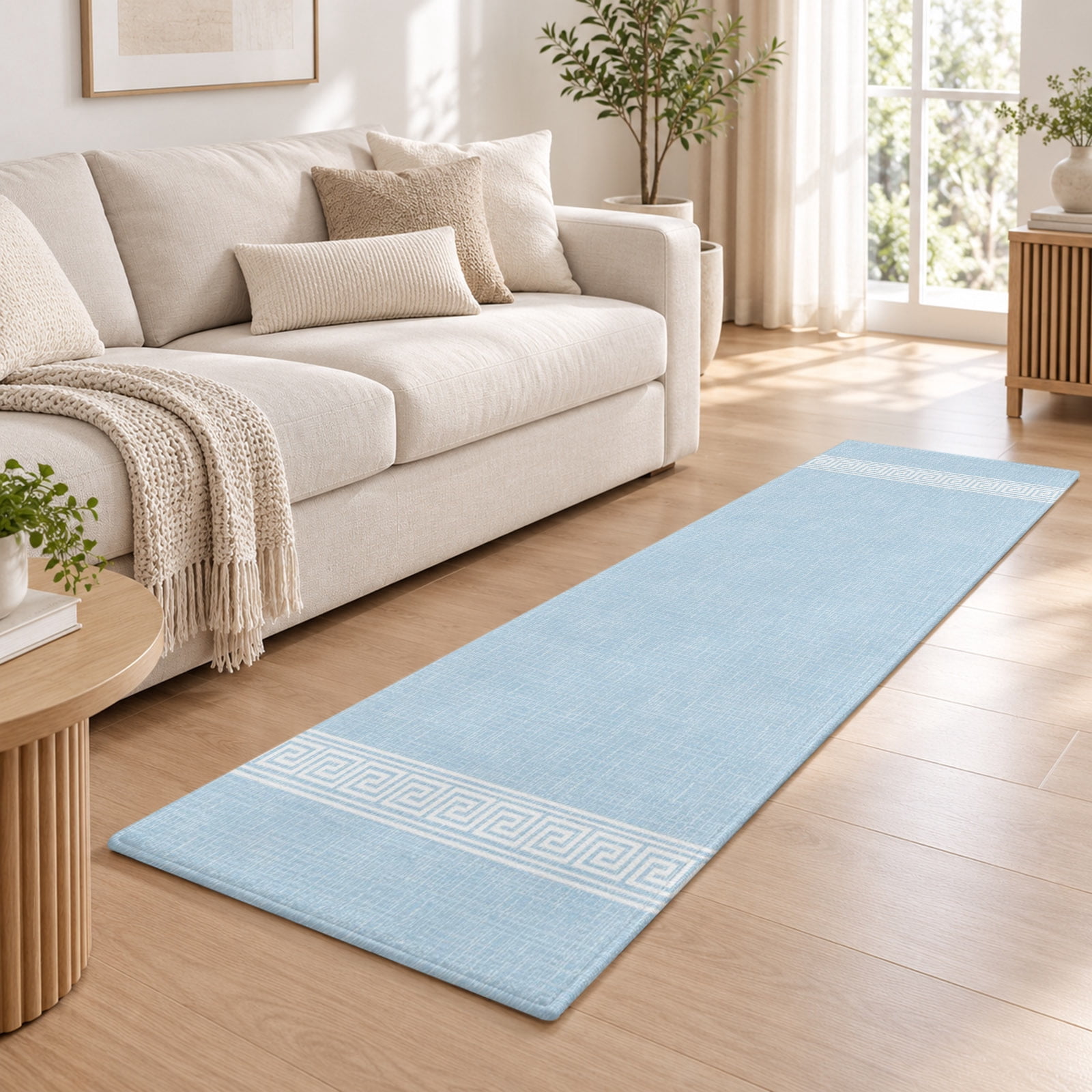 Washable Runner Rug 2x6ft, Greek Key Light Blue Non-Slip Carpet for ...