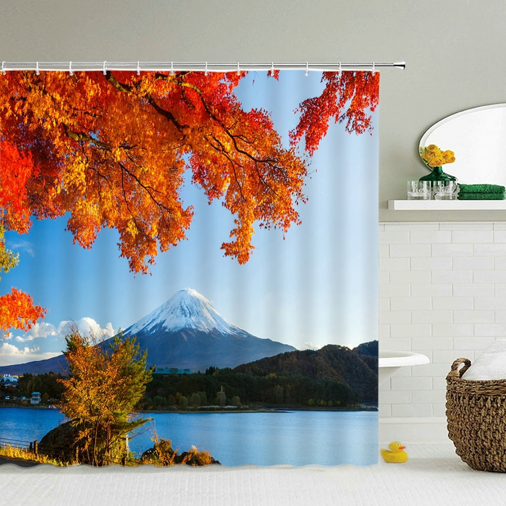 Washable Shower Curtains Fuji Mountain Cherry Blossoms Scenery 3D ...