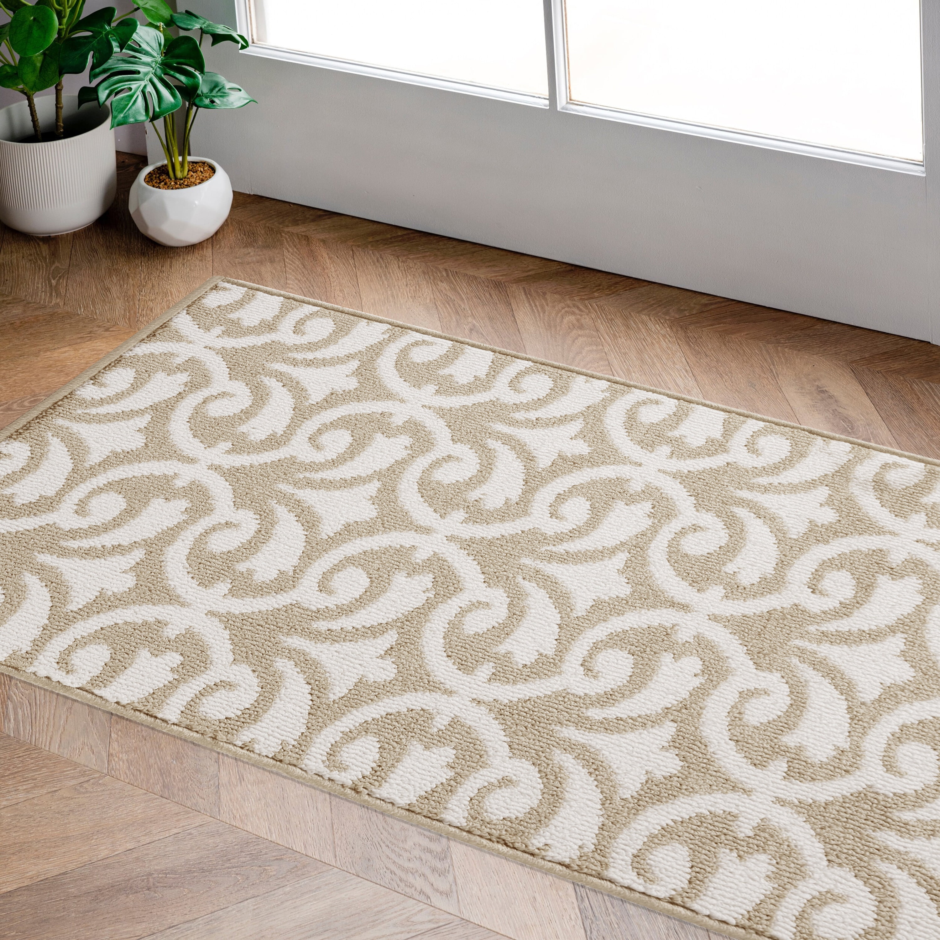 Jean Pierre Washable Non-Slip Runner Rug, Floral Scroll, Beige/White ...