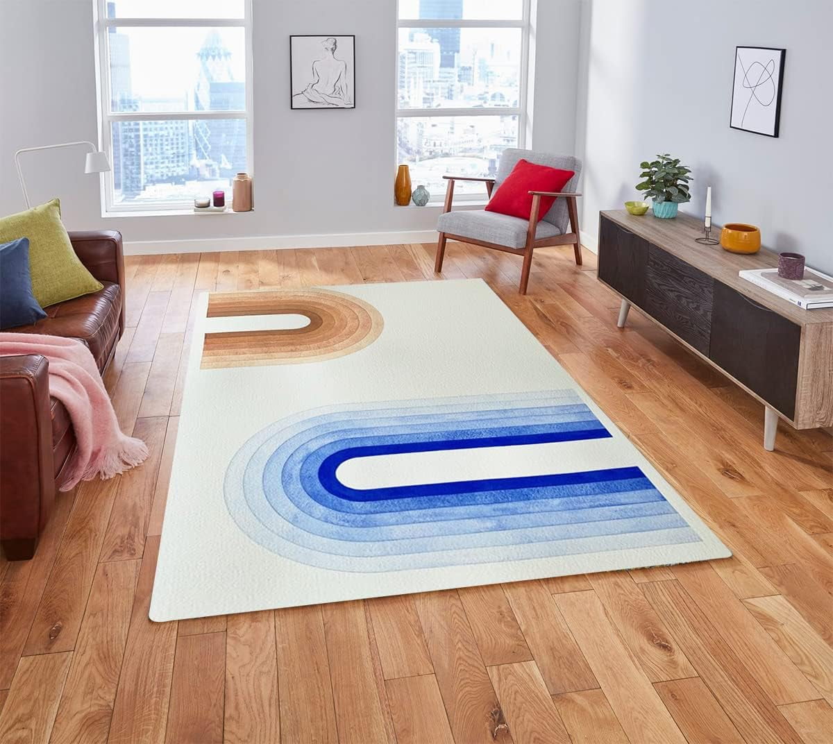 Washable Soft Wool Shag Area Rug 4'x8' Beige Blue Brown Modern Abstract ...