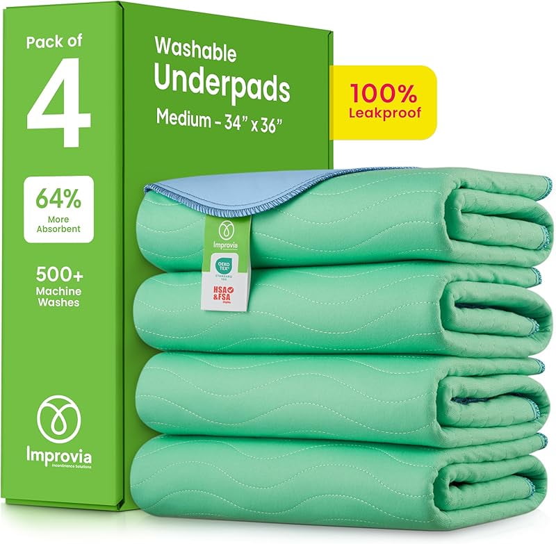 Washable Underpads, 34" x 36" (Pack of 4) - Heavy Absorbency Reusable ...