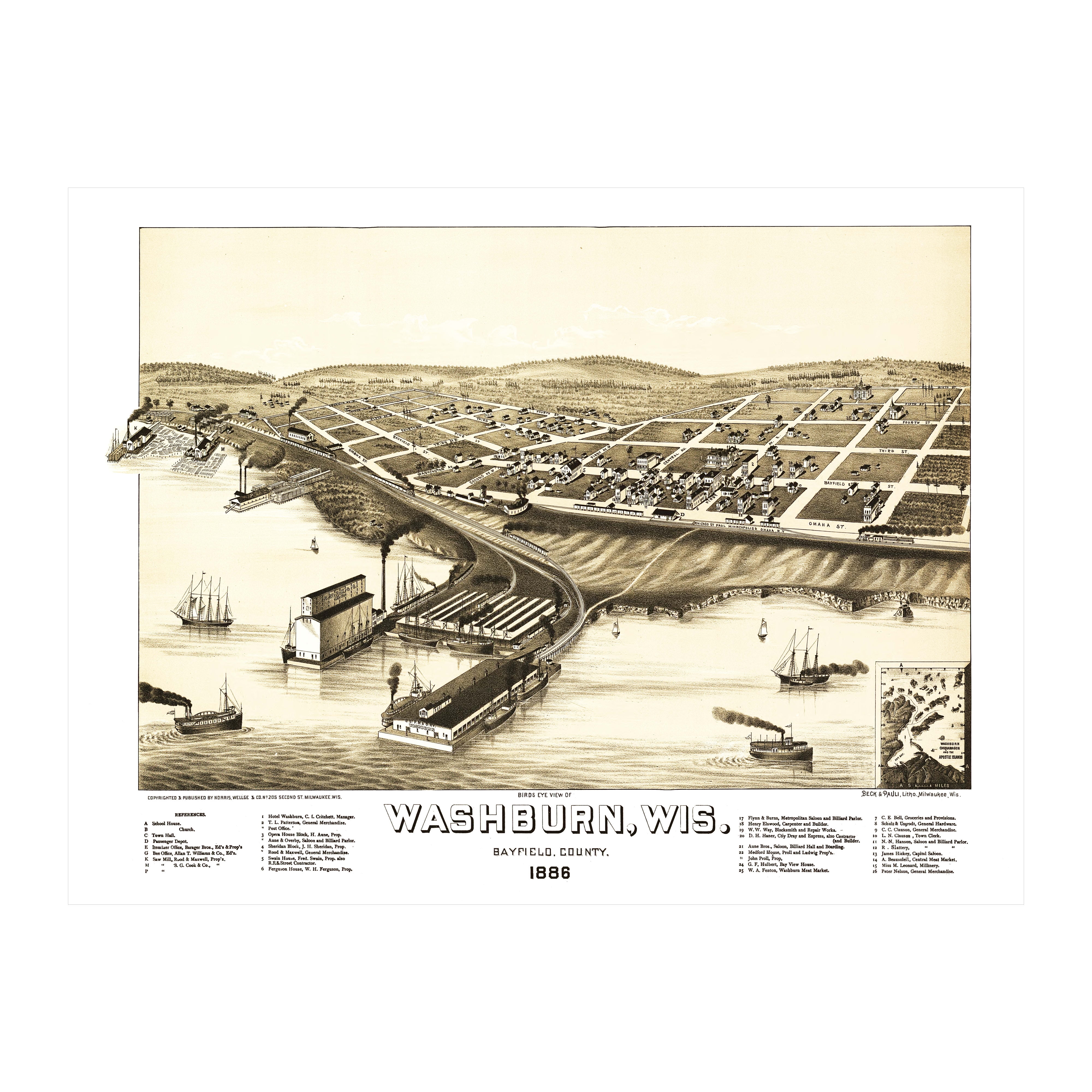 Washburn Art, 1886 Vintage Map of Washburn Wisconsin, WI History Wall ...