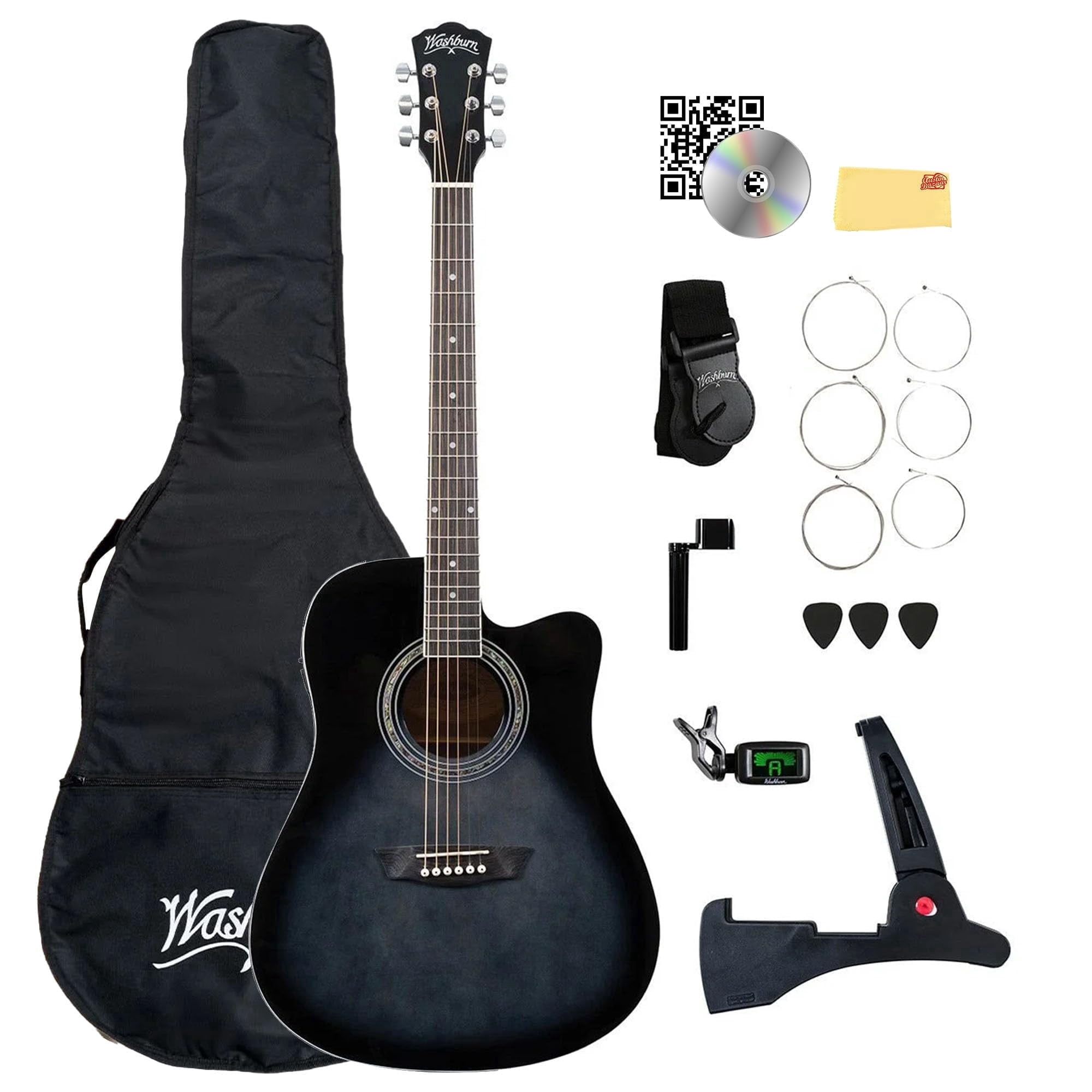 Washburn WA90CE Acoustic-Electric Guitar Kit - Black Bundle with Gig ...