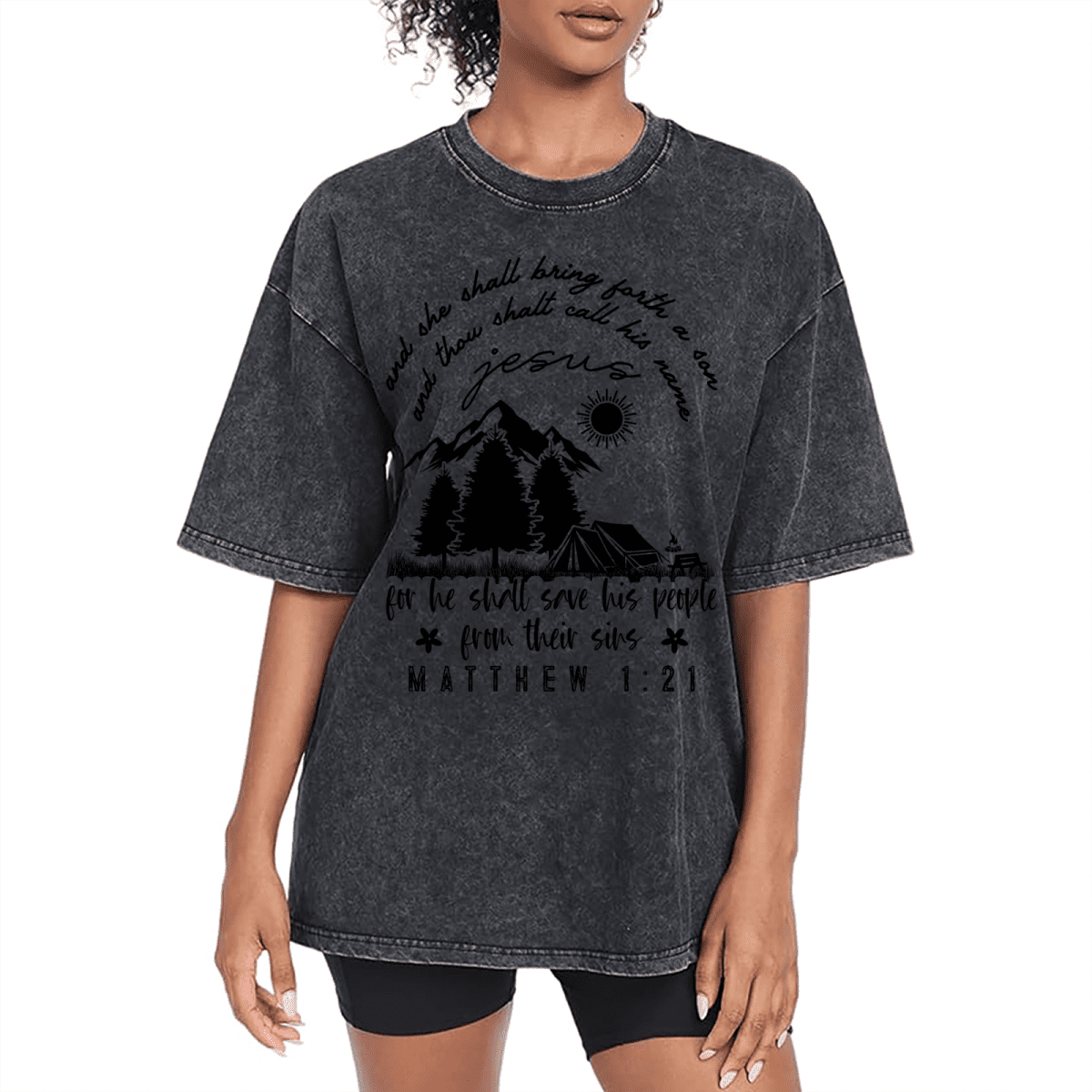 Washed Black Print Tshirt Graphic Tees Inspirational Shirts Matthew 1: ...