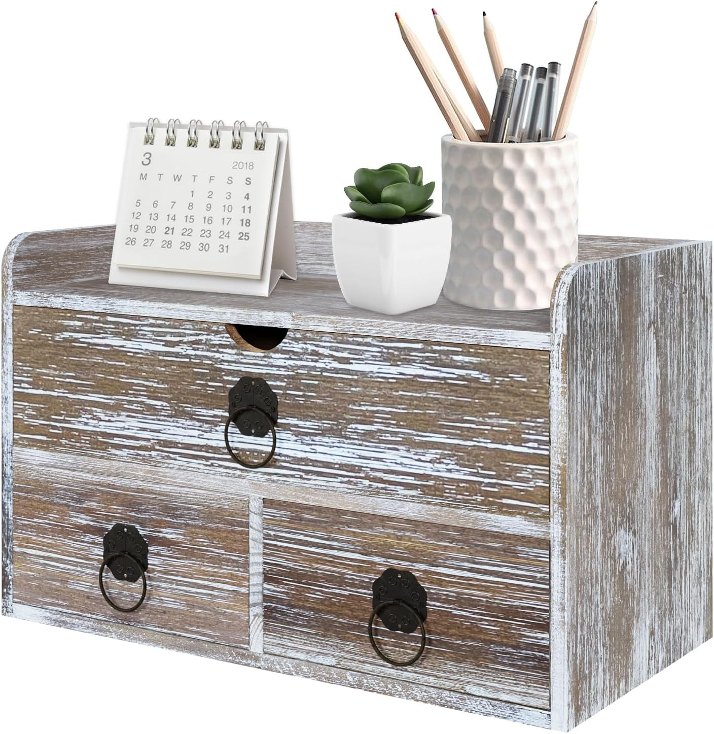 Washed Brown Wood Desk Organizer, Desktop Organizer with Drawers, Mini ...
