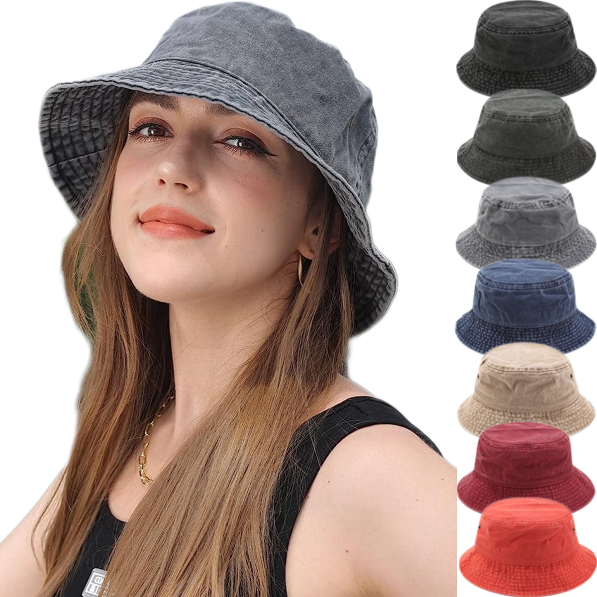 Washed Cotton Bucket Hats Packable Summer Outdoor Cap Travel Beach Sun ...