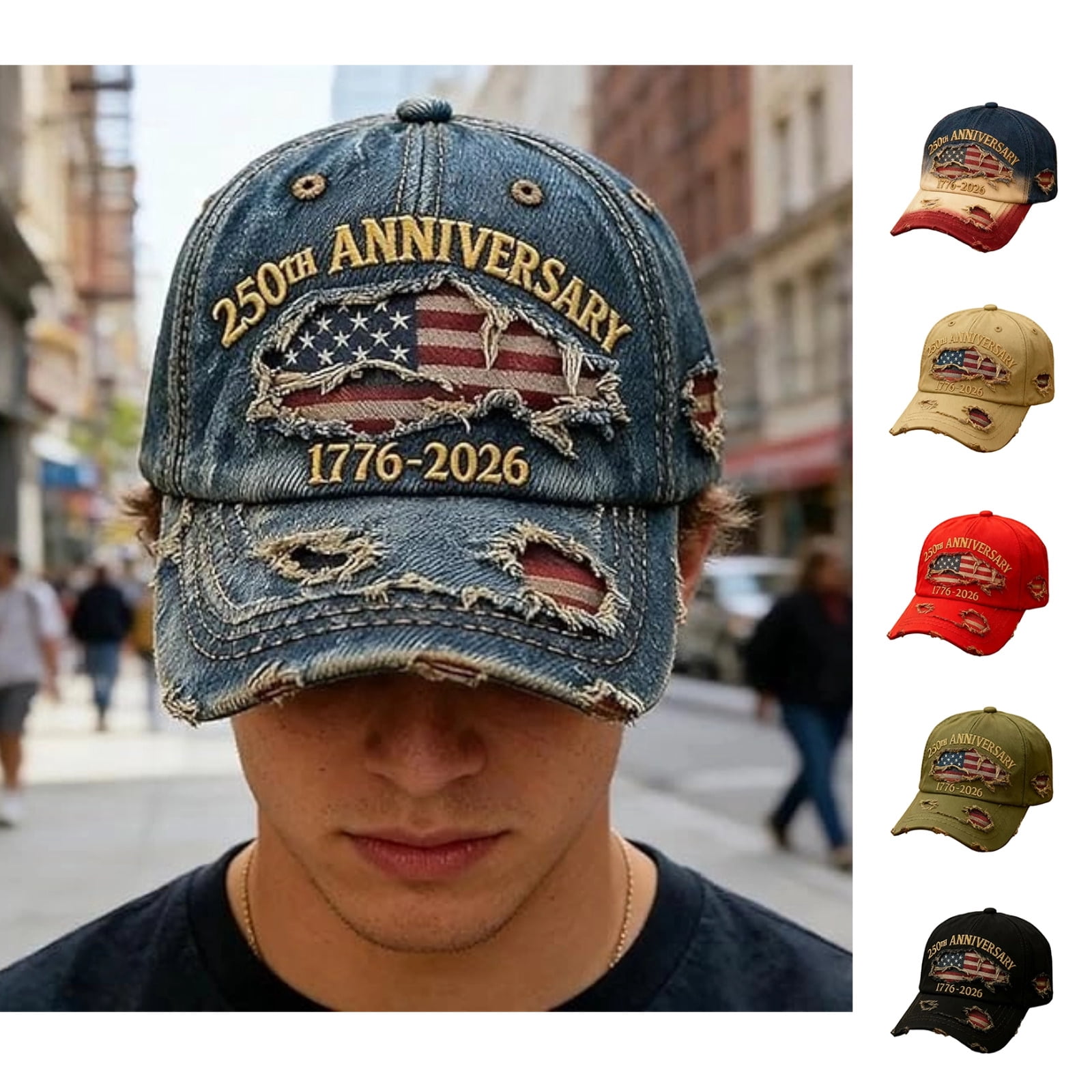Washed Distressed 250 USA Baseball Cap - America 250th Anniversary 1776 ...