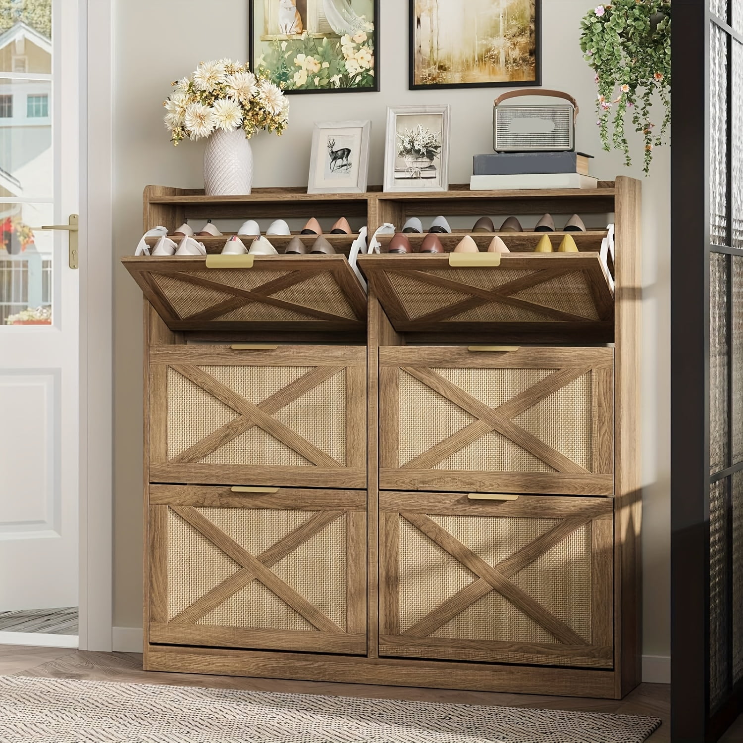 Washed Gray 6-Flip Drawer Shoe Storage Cabinet - Narrow Freestanding ...