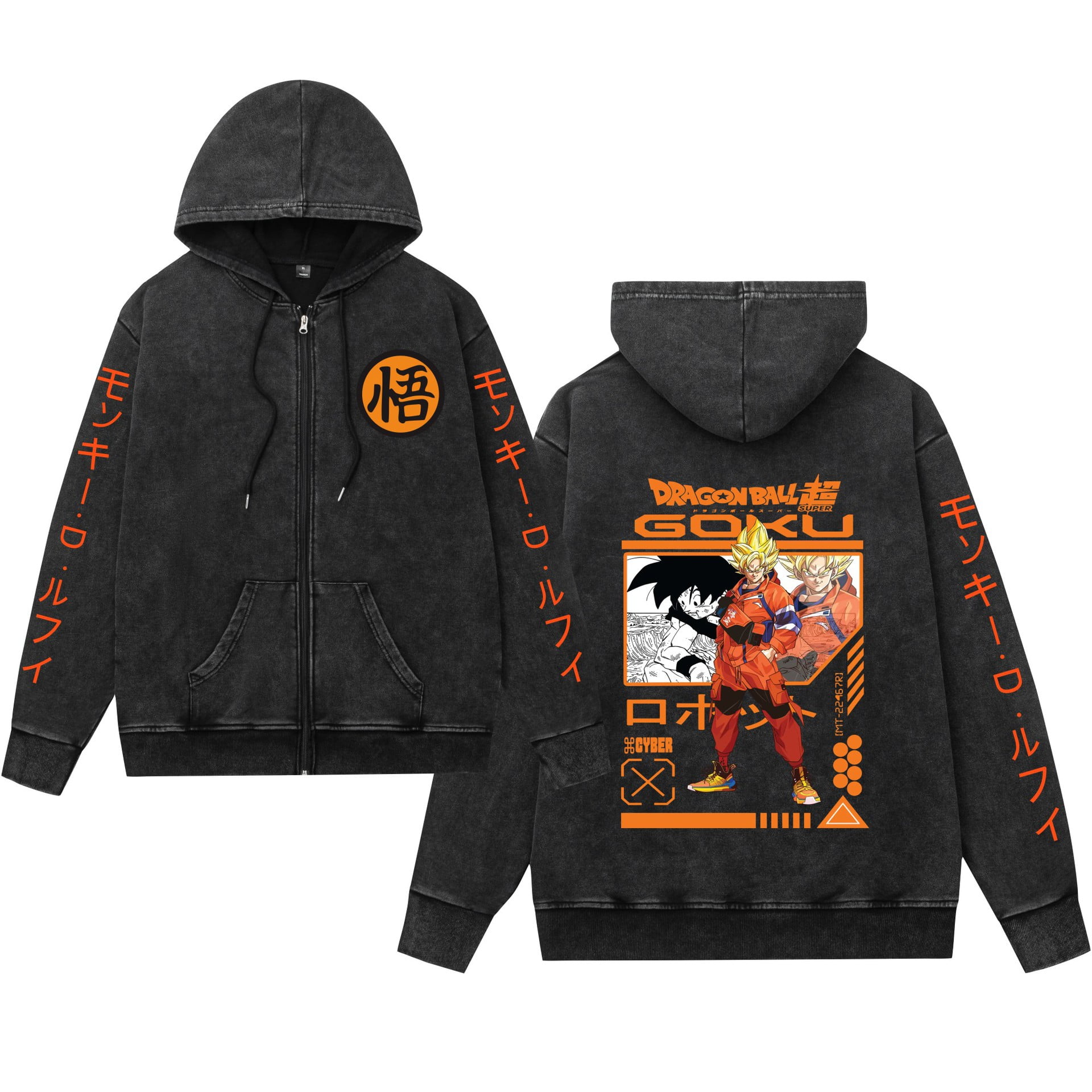 Washed Retro Sweater Hooded Zipper Dra-gon Ball Sun Wukong Printing Men ...