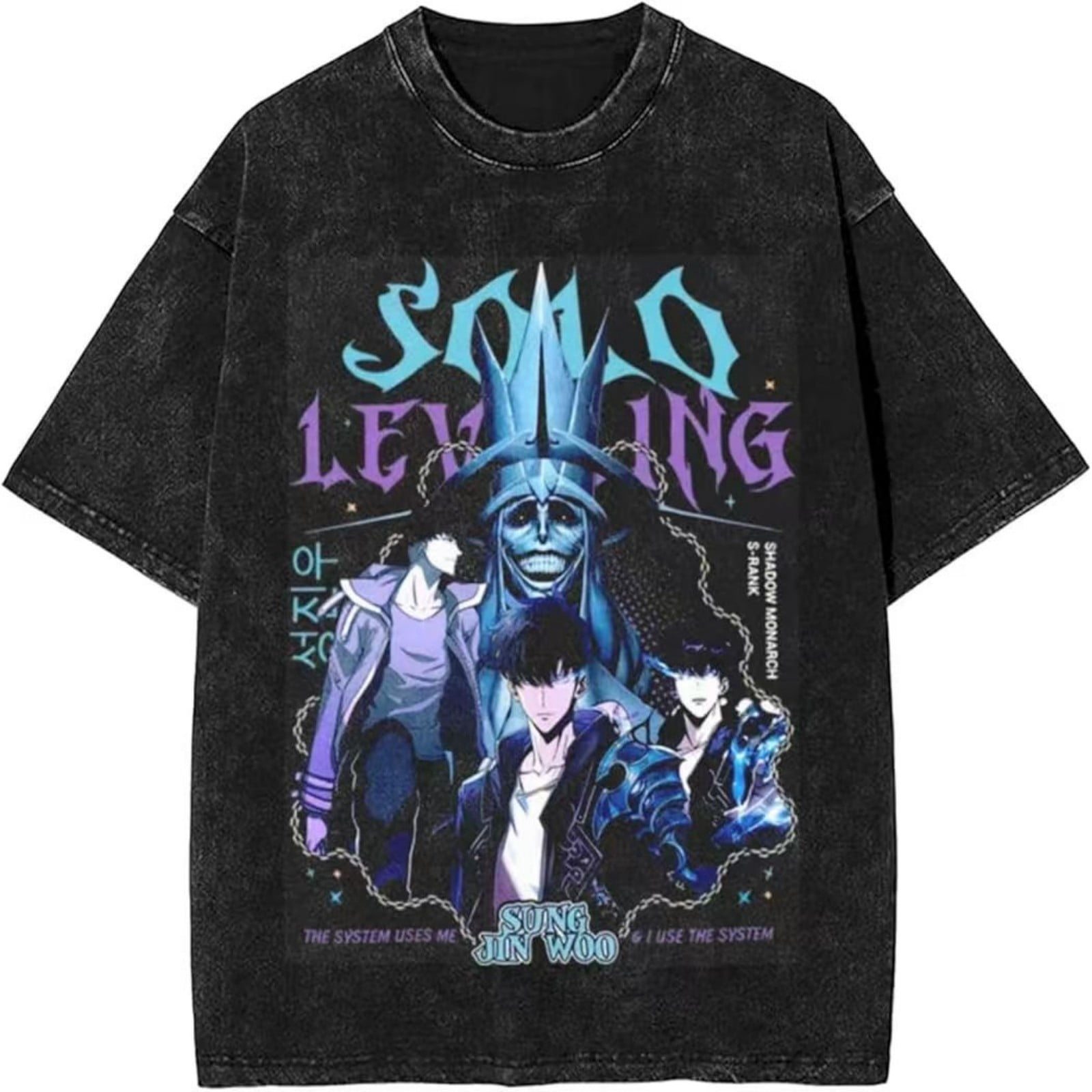 Washed Retro Tide Summer Solo Leveling T-shirt Anime Print Cotton Men ...