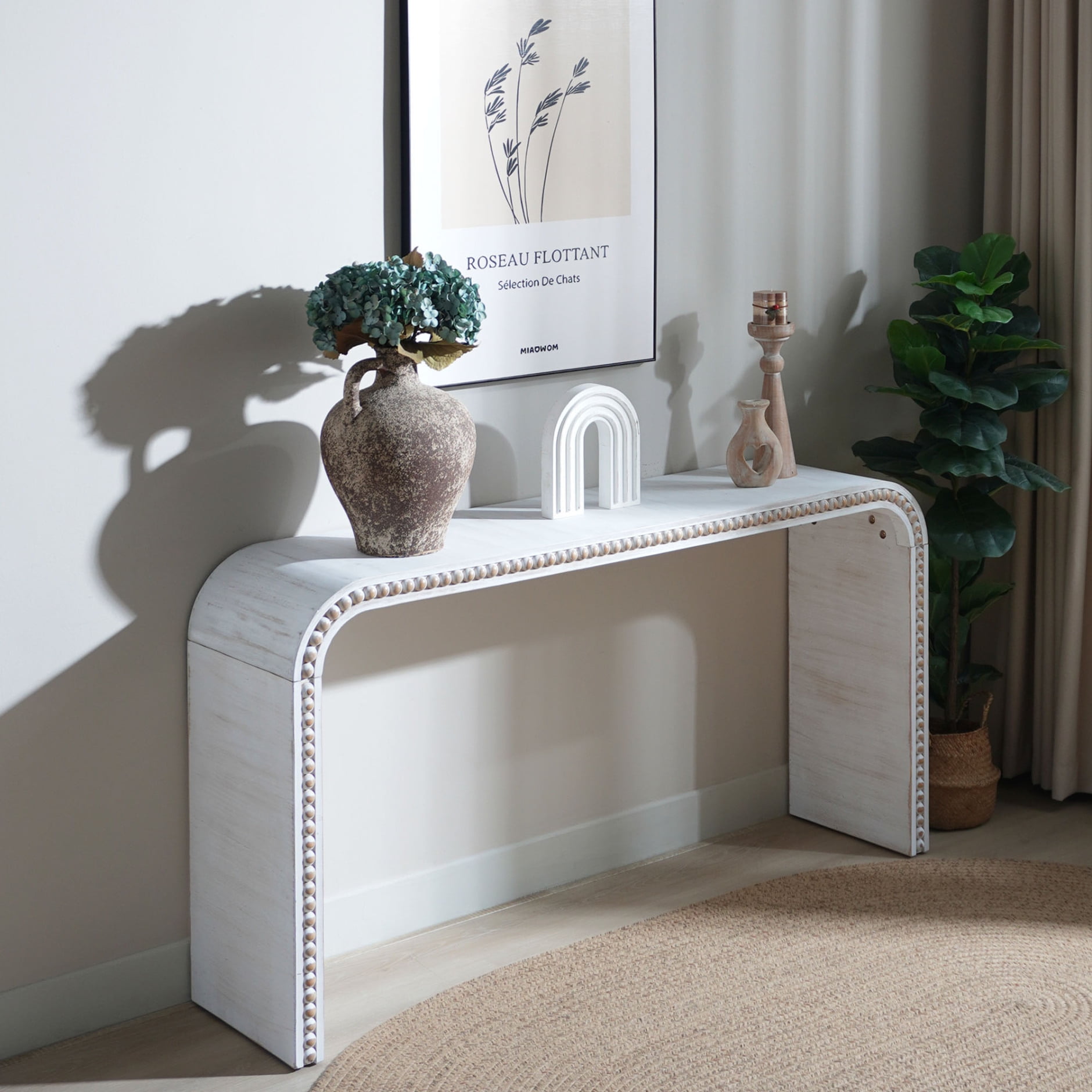 Washed White Console Table, 59In Entryway Table, Curved Waterfall-Style ...