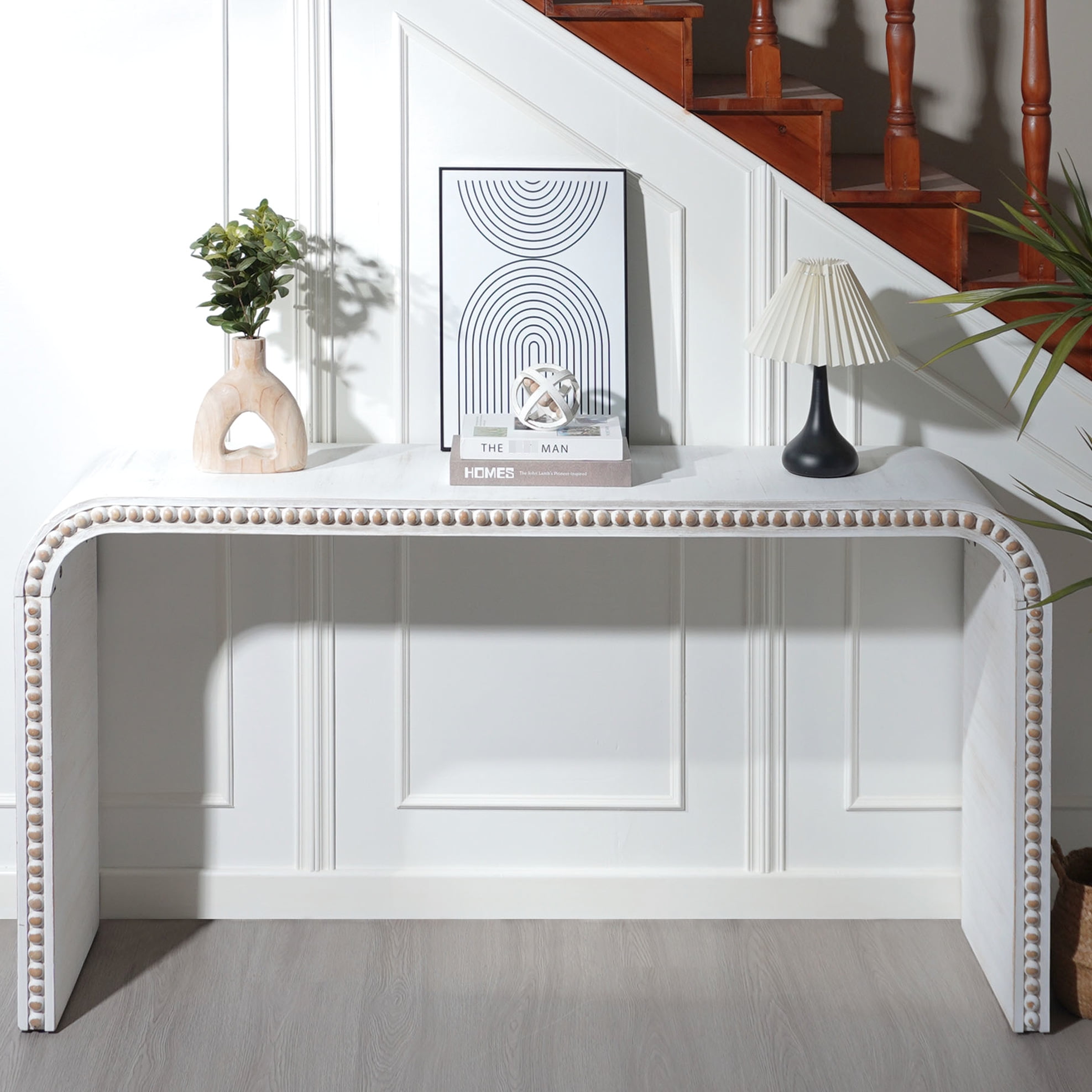 Washed White Console Table, 59in Entryway Table With Curved Waterfall ...