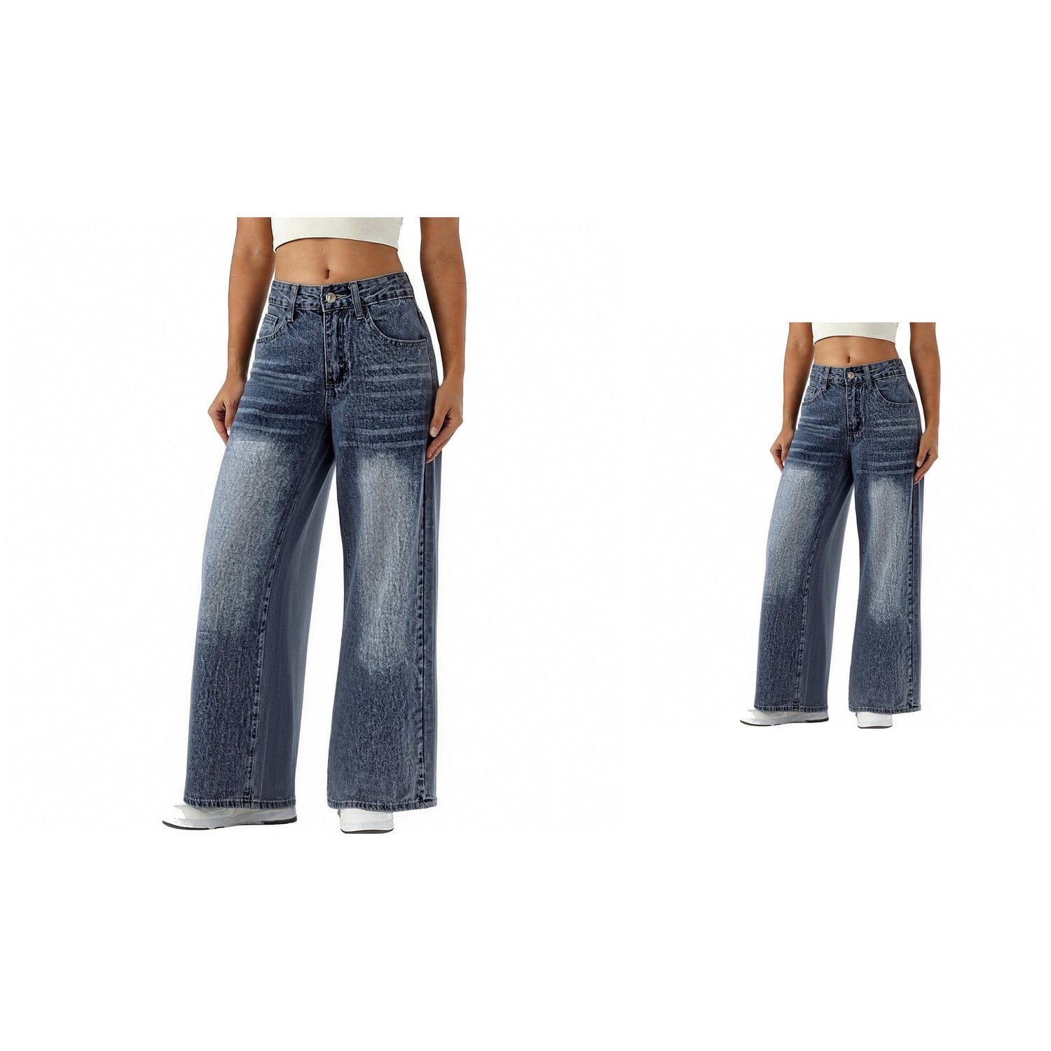 Washed Wide Leg Jeans with Heart-Shaped Back Pockets High-Waisted Loose ...