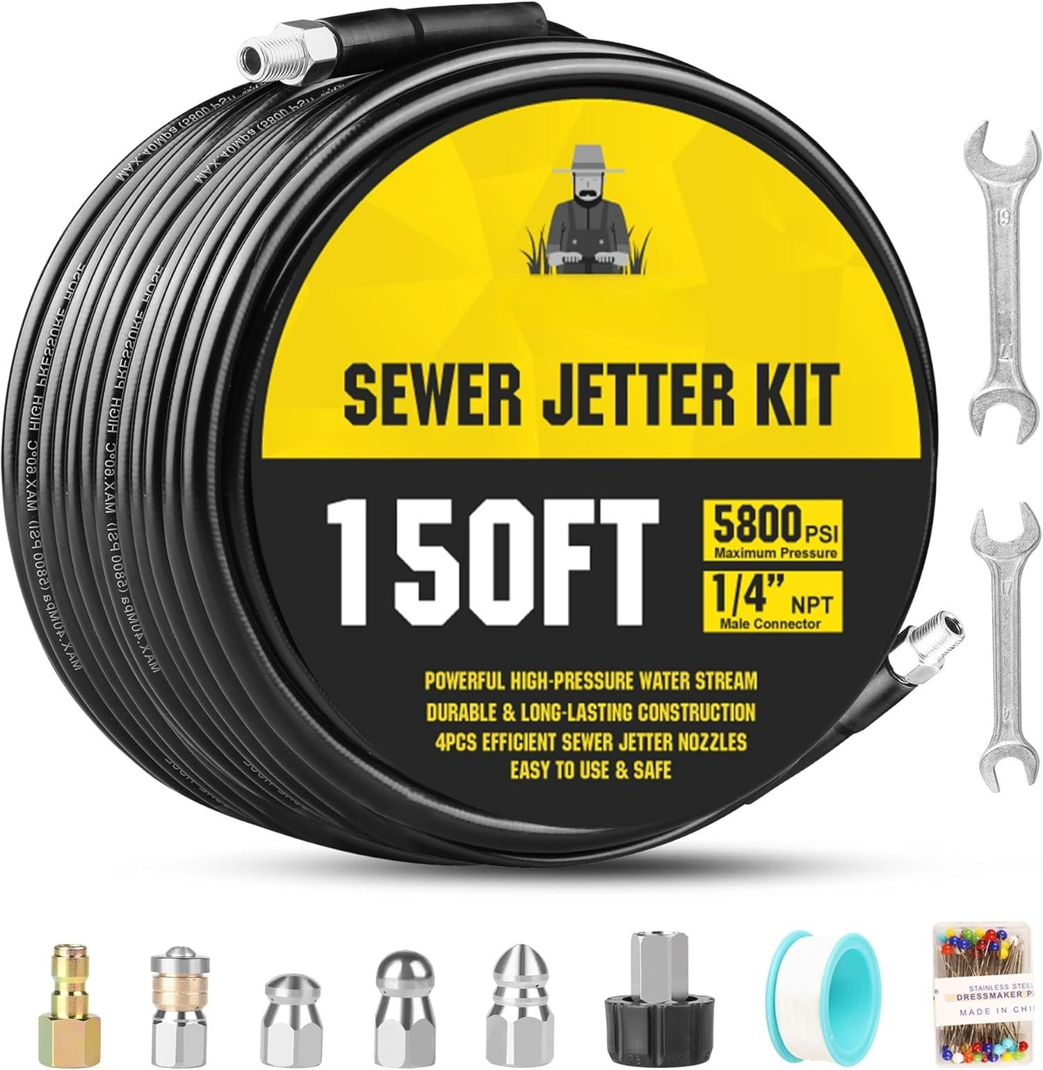 Washer Drain Jetter - Sewer Jetter Kit for Washer 150ft 1/4 Inch NPT ...
